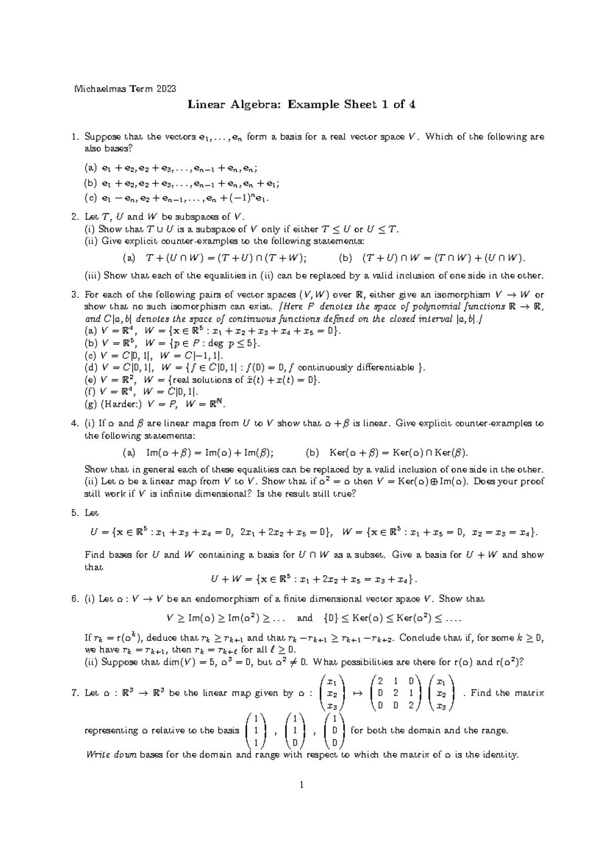 Lin alg ex1 2023 - Michaelmas Term 2023 Linear Algebra: Example Sheet 1 ...