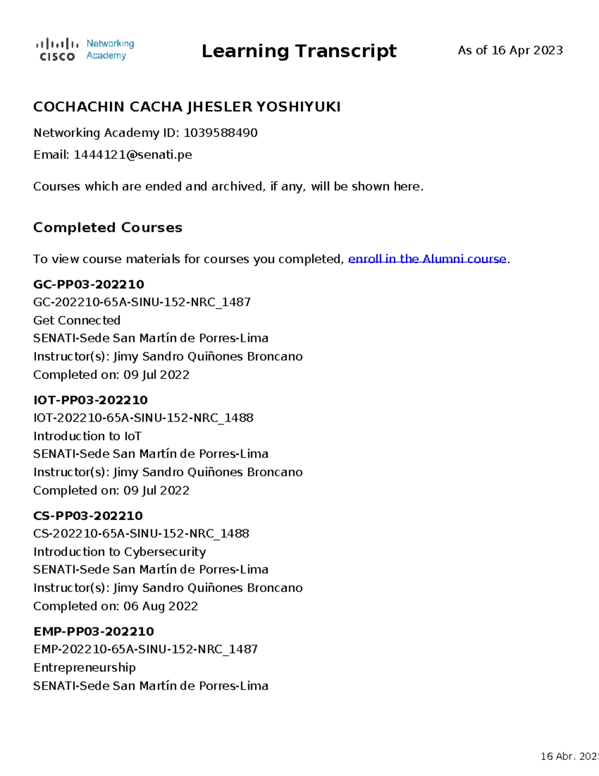 Net Acad Learning Transcript Learning Transcript As Of 16 Apr 2023 Cochachin Cacha Jhesler
