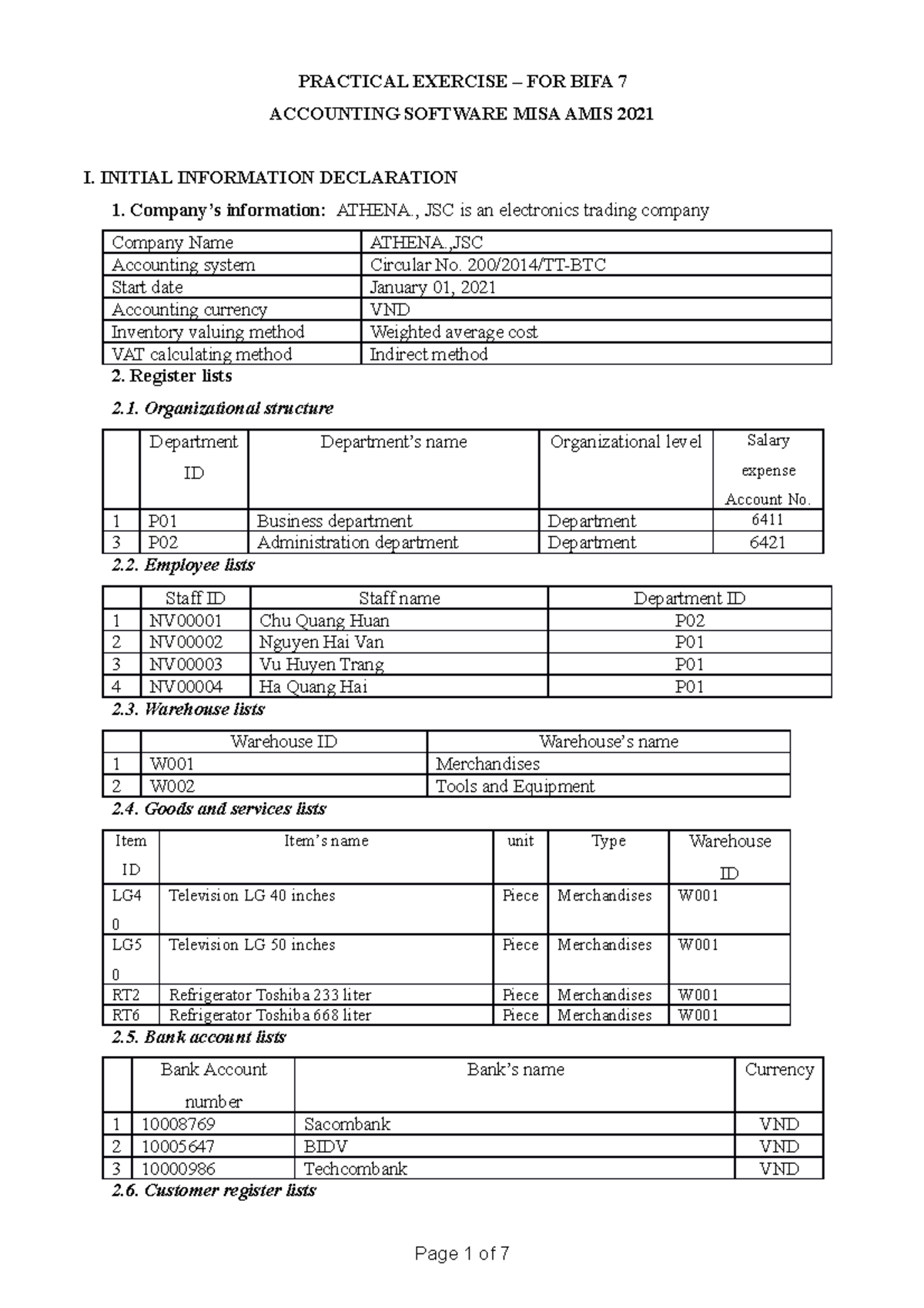 Practice - mock test - PRACTICAL EXERCISE – FOR BIFA 7 ACCOUNTING ...