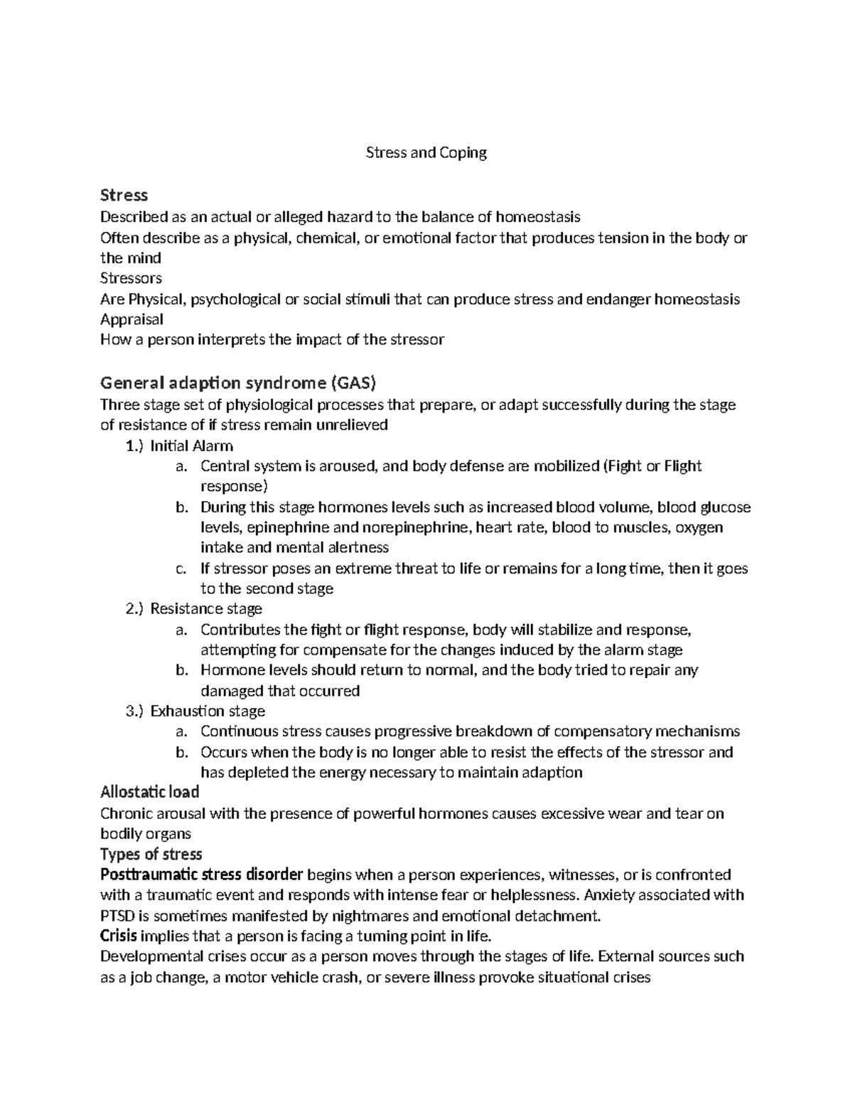 Stress:coping - notes - Stress and Coping Stress Described as an actual ...