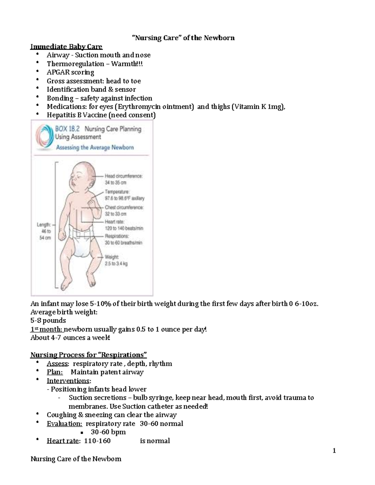Nursing Care of neborn - notes - “Nursing Care” of the Newborn ...