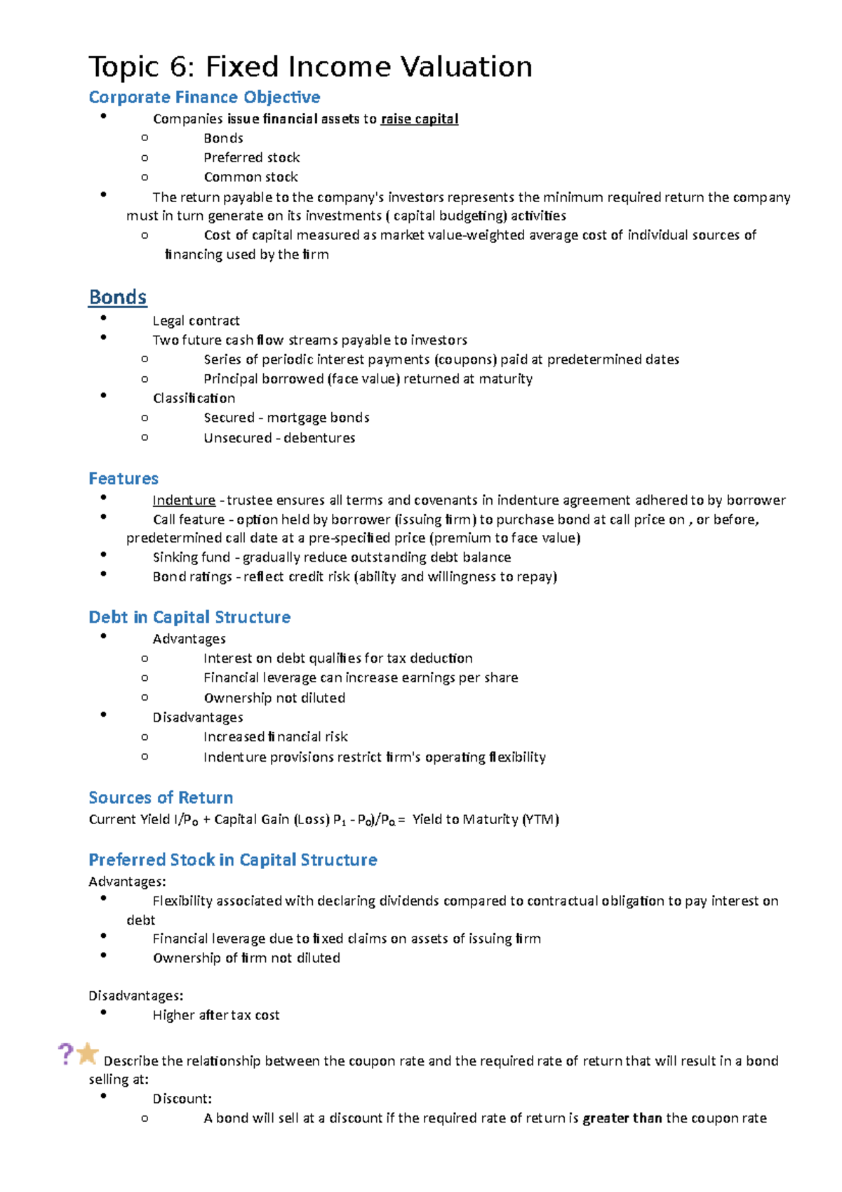 FundiesRevision - Topic 6: Fixed Income Valuation Corporate Finance ...