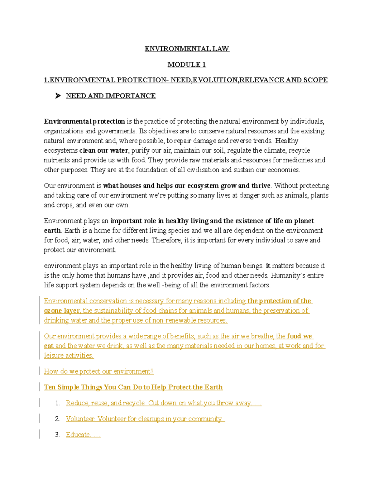 Environmental law - easy notes - ENVIRONMENTAL LAW MODULE 1 1 ...