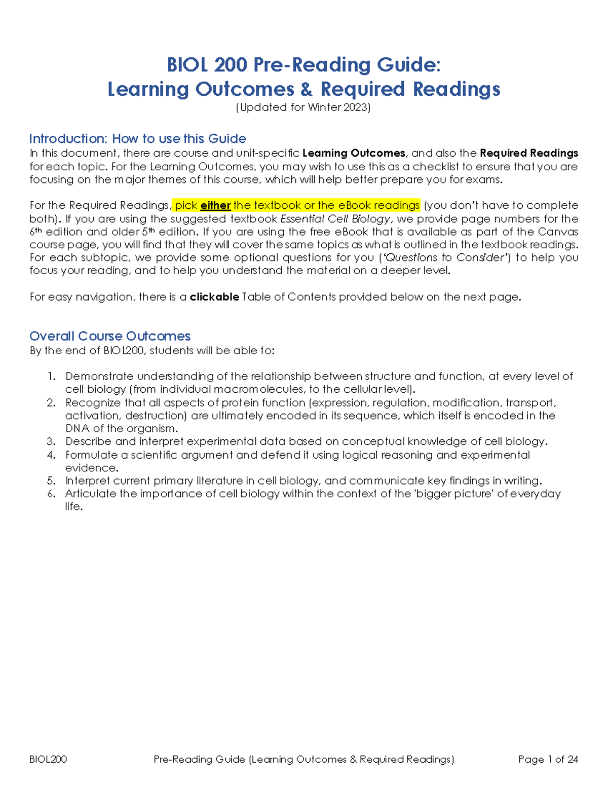 BIOL200 Prereading Guide 2023 - BIOL 200 Pre-Reading Guide: Learning Outcomes & Required - Studocu