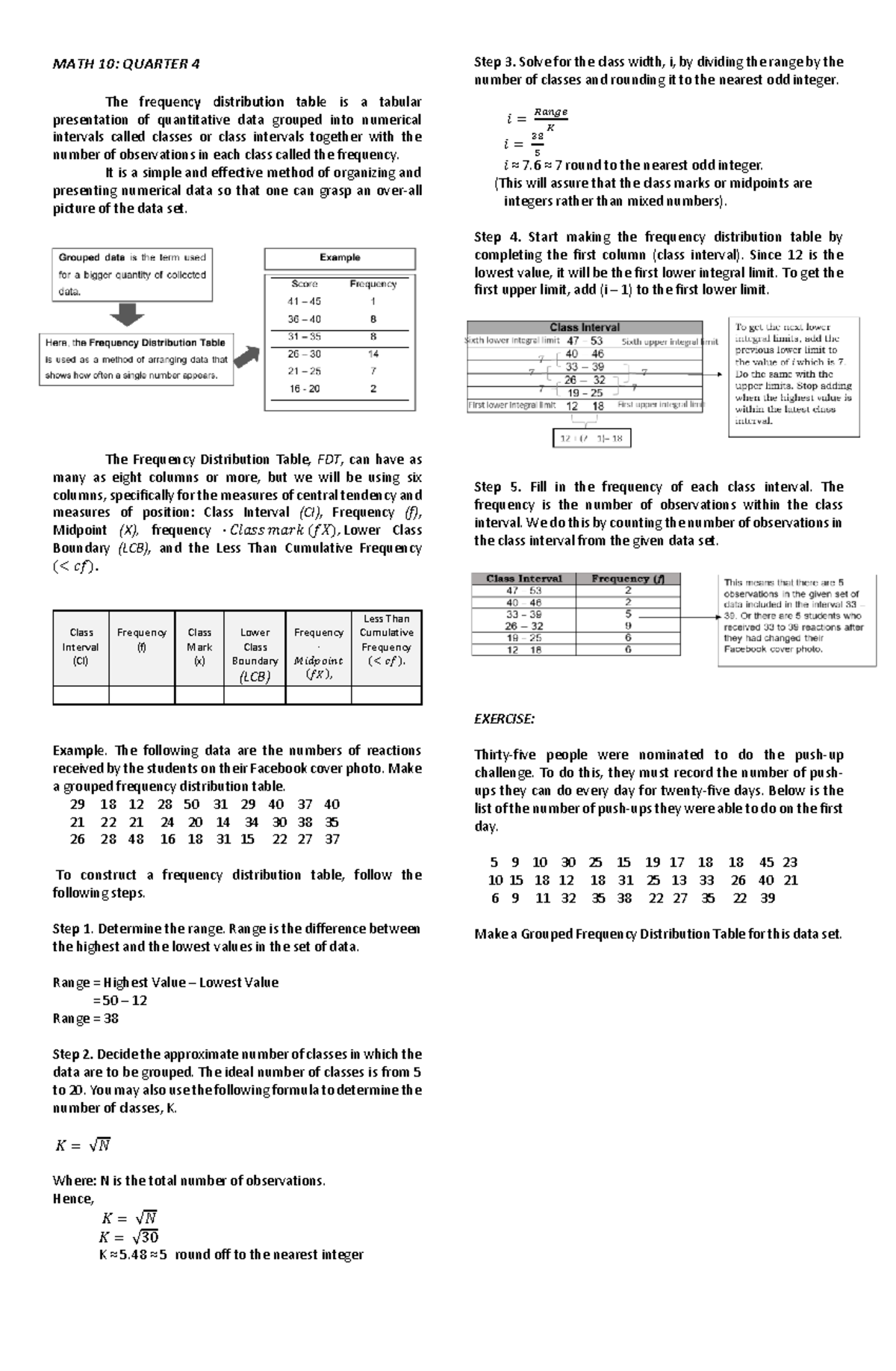 FDT - MATH 10: QUARTER 4 The frequency distribution table is a tabular ...