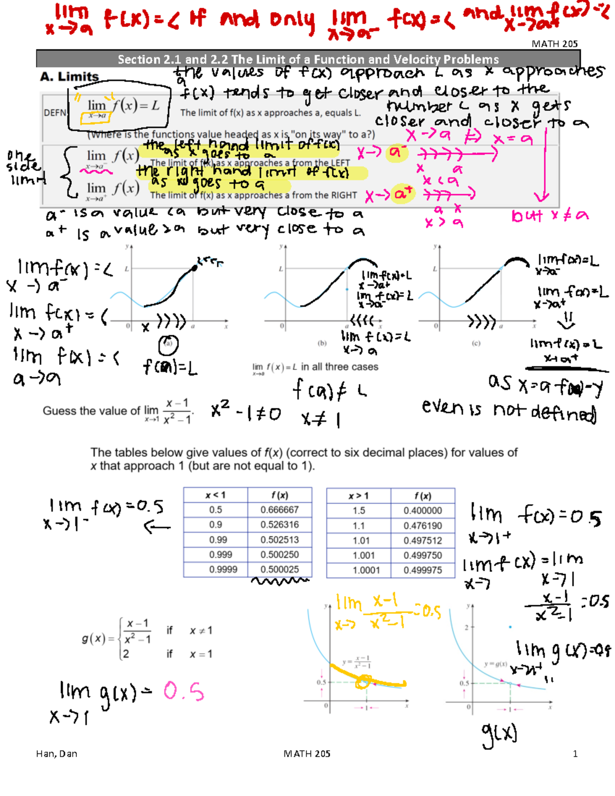 Section 2.1 and 2.2 The limit of a Function and Velocity - MATH 205 ...