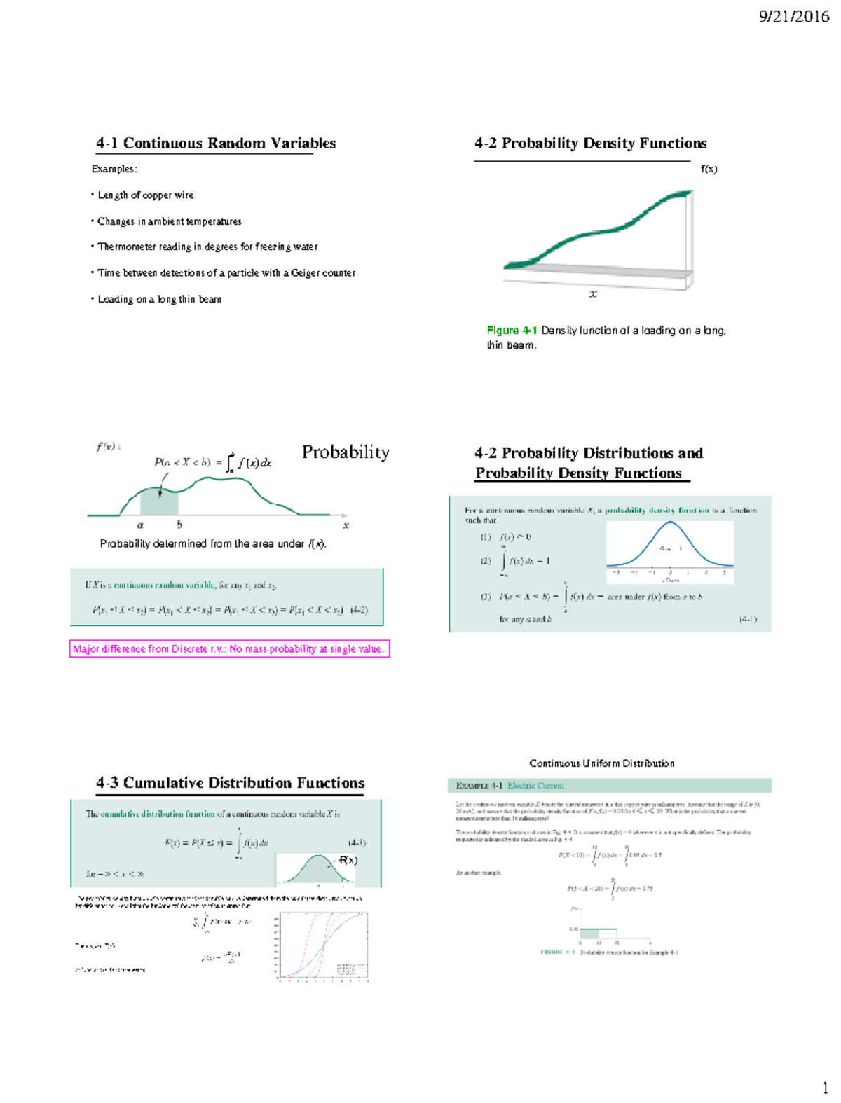 Chapter 4 lecture 1 handout - 9/21/ 1 4-1 Continuous Random Variables ...