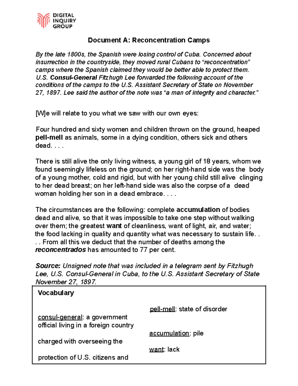 Spanish American War Student Materials 0 - Document A: Reconcentration ...