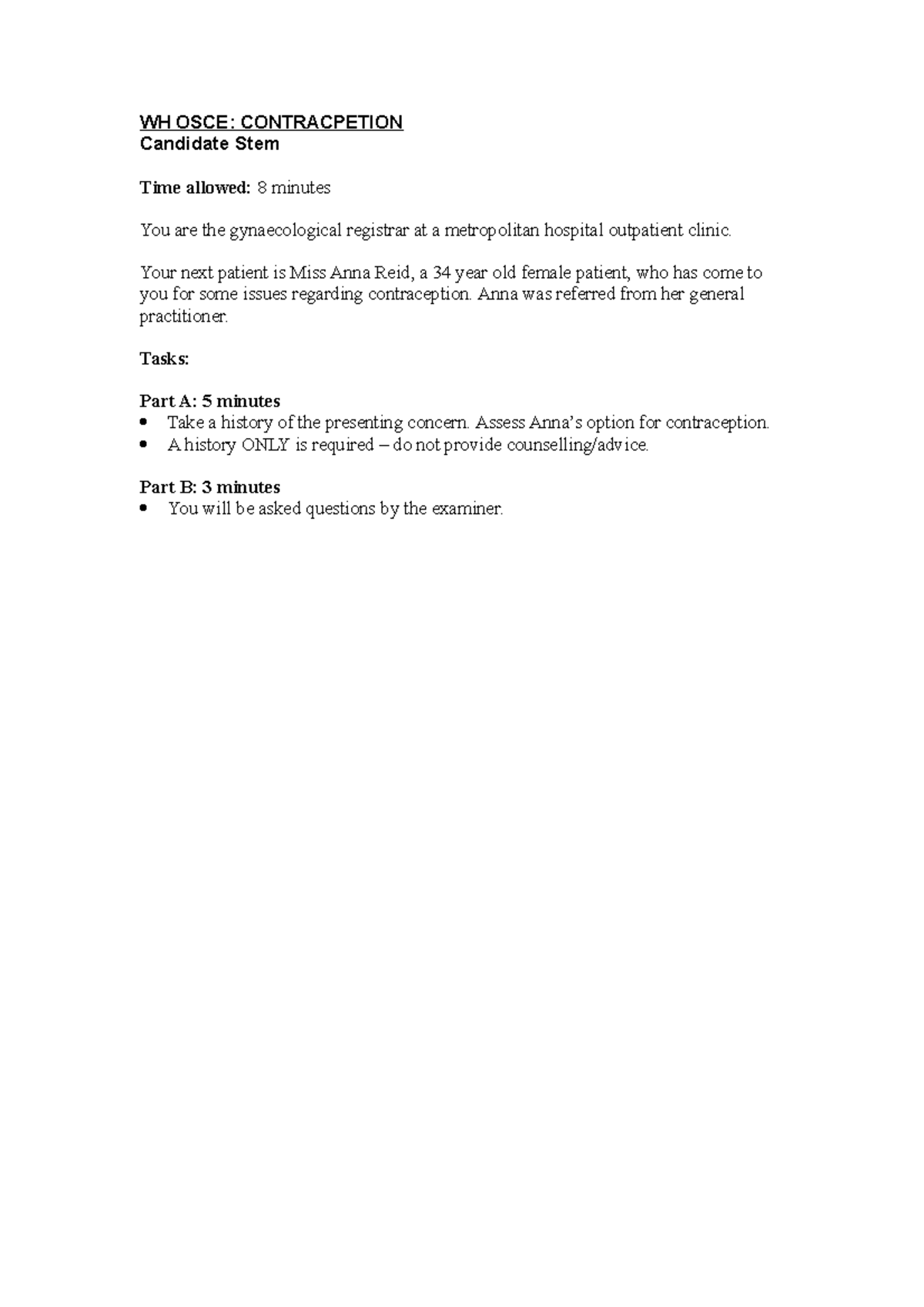 Anna and contraception options - WH OSCE: CONTRACPETION Candidate Stem ...