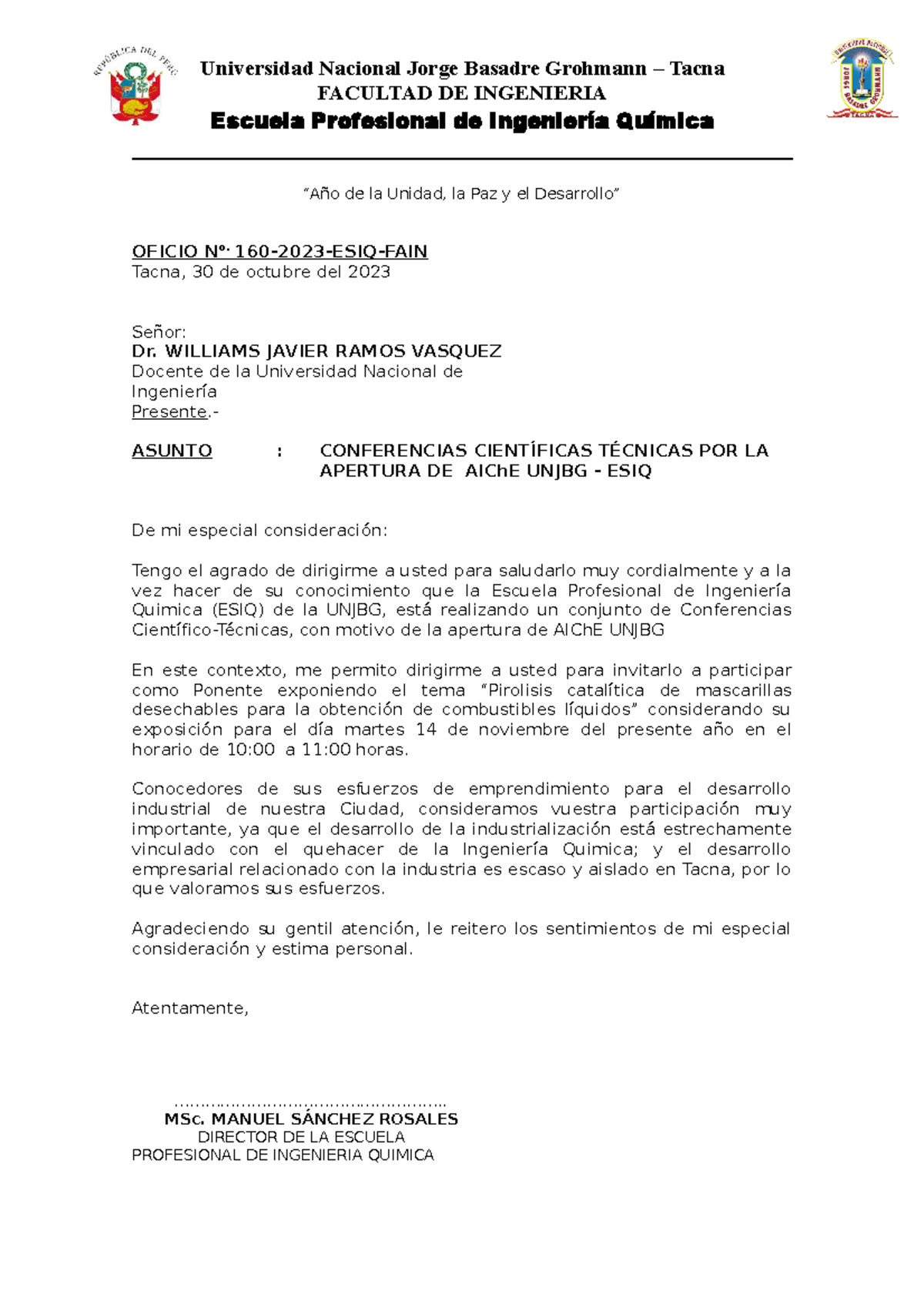 160 Dr. Williams Ramos - Invitacion como ponente por aniversario ESIQ ...