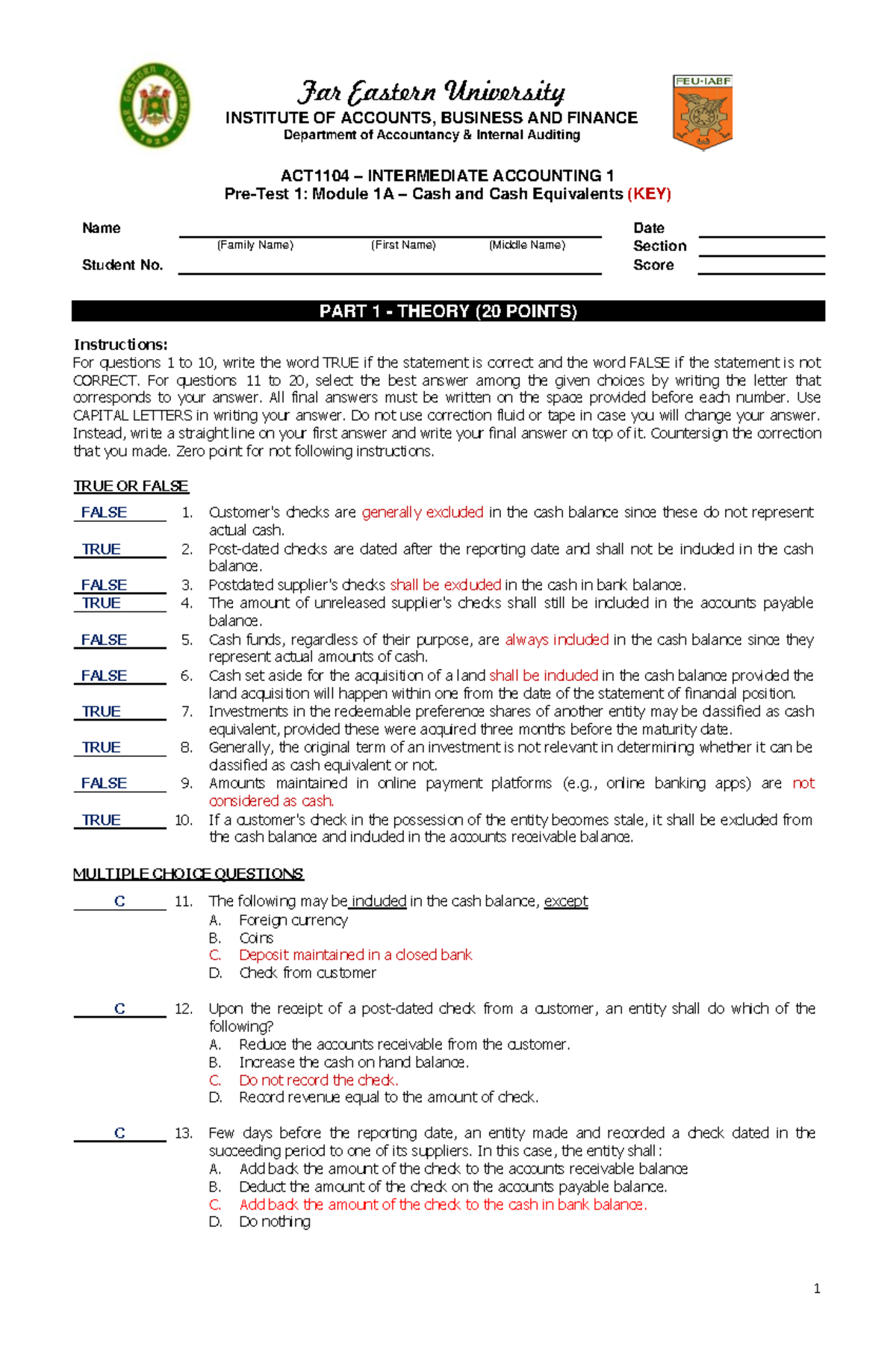 1 Pre test Module 1A Cash and Cash Equivalents KEY - Far Eastern ...