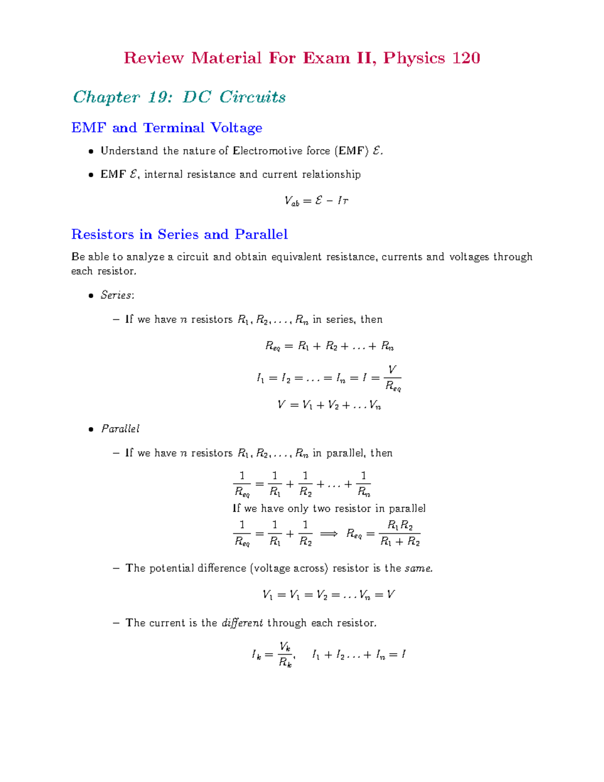 Exam2 review - Review Material For Exam II, Physics 120 Chapter 19: DC Circuits EMF and Terminal ...