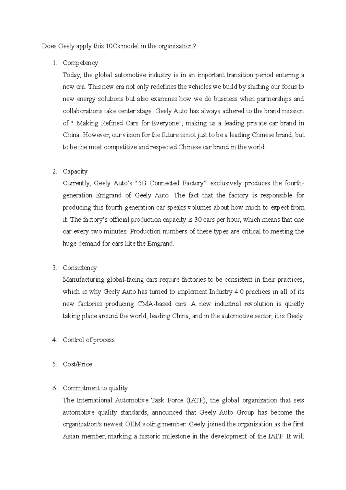 10Cs - 10Cs - Does Geely apply this 10Cs model in the organization ...