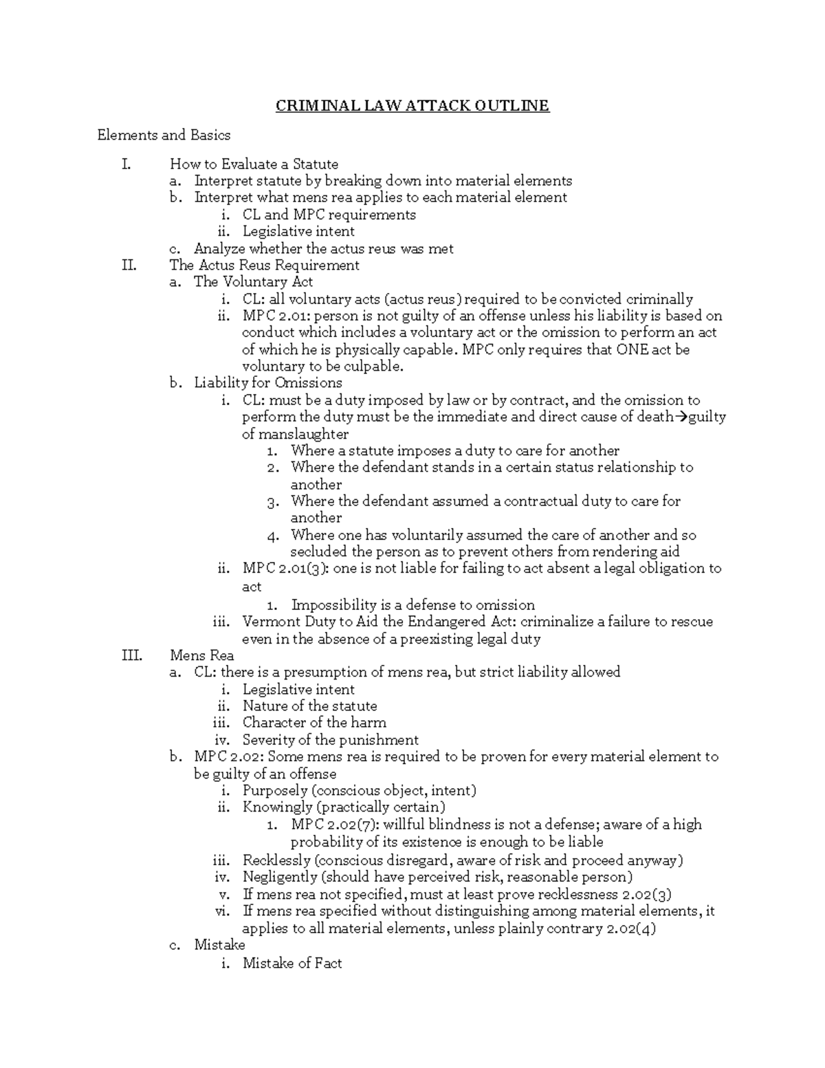 Crim Attack Outline - CRIMINAL LAW ATTACK OUTLINE Elements and Basics I ...