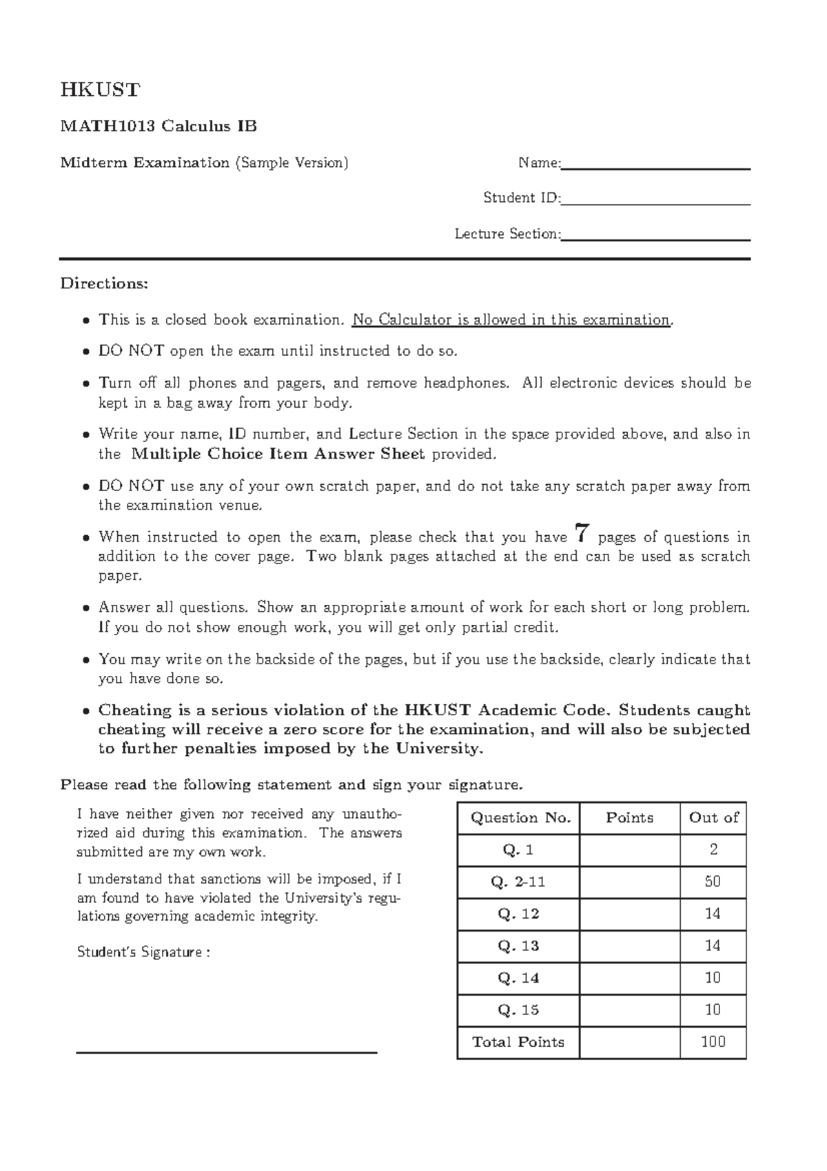 Math1013 midterm fall 2016 ver sample - HKUST MATH1013 Calculus IB ...