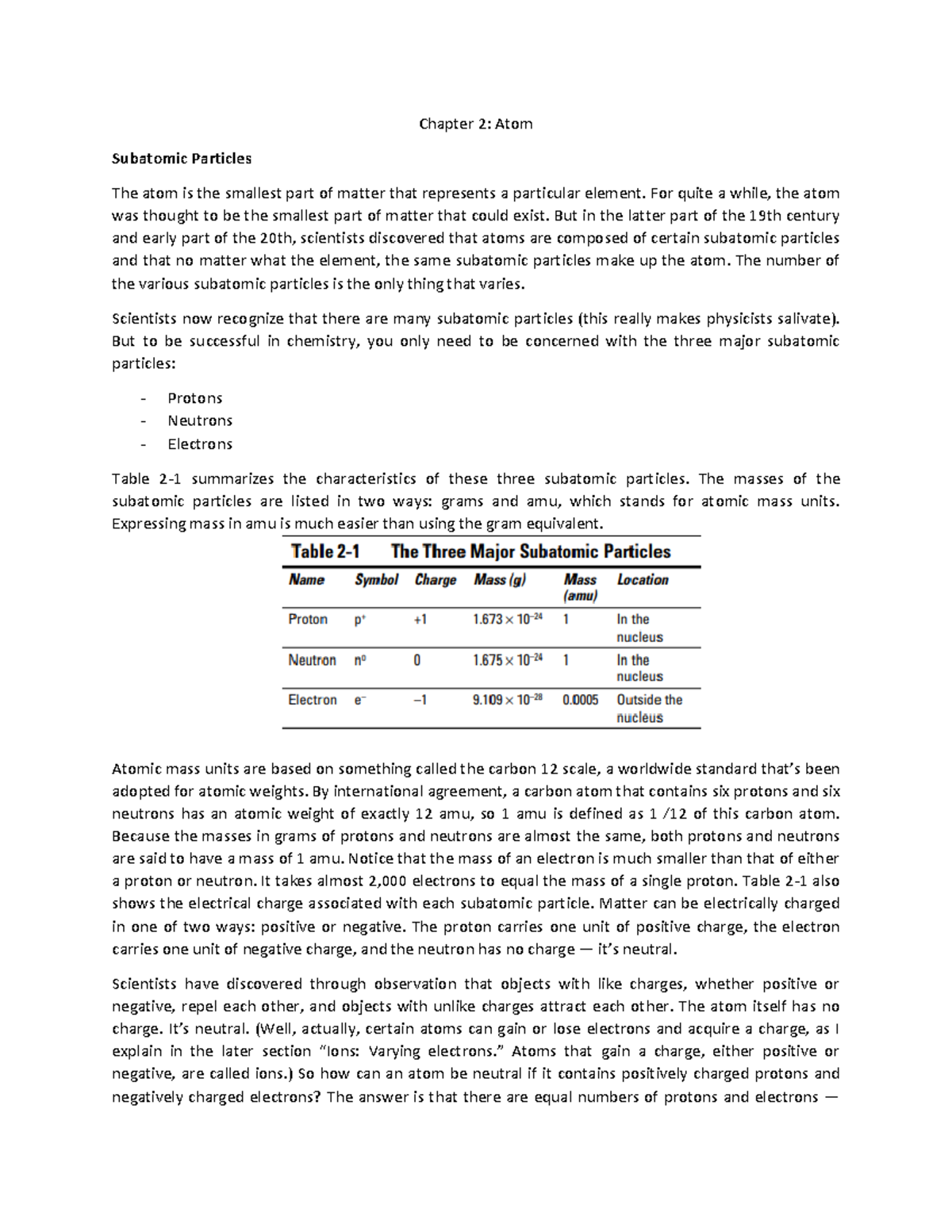 Chemistry Chapter 2 - Atom - Chapter 2: Atom Subatomic Particles The ...