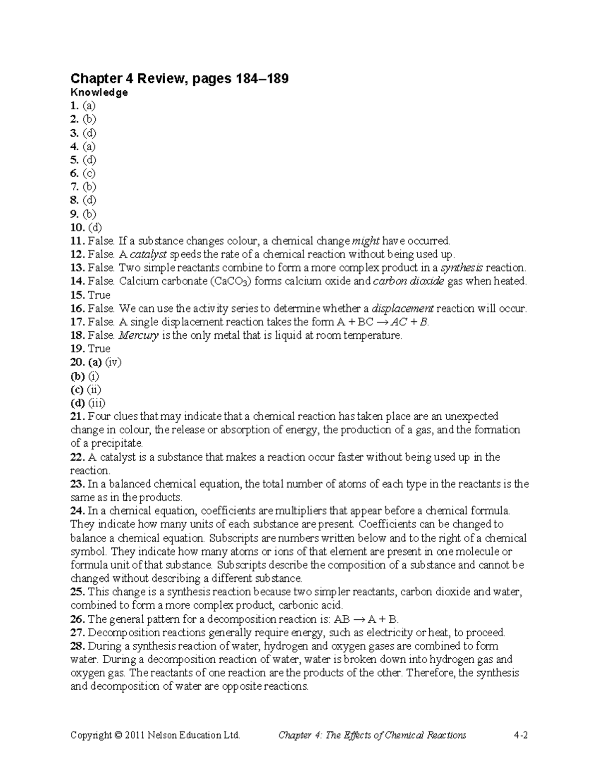 Types of reactions review answers - Chapter 4 Review, pages 184 – 189 ...