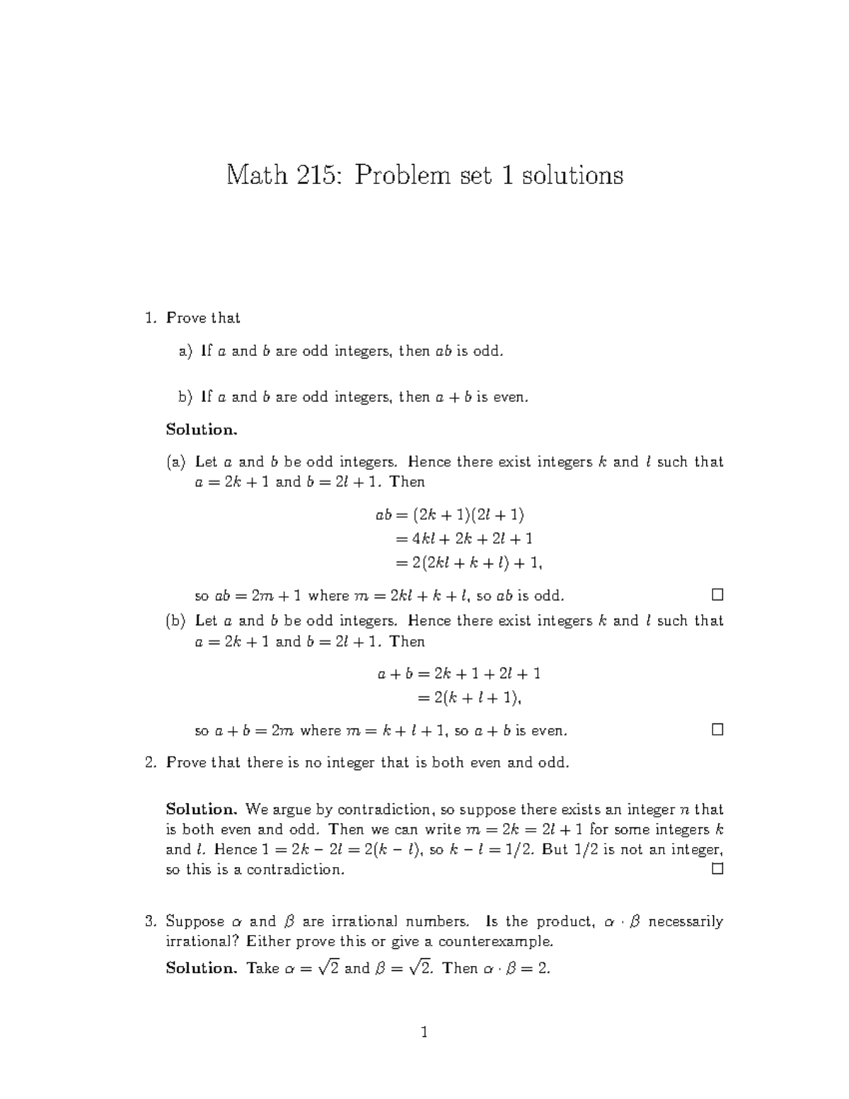 Math 215 HW1 Solutions - Math 215: Problem set 1 solutions Prove that a) If a and b are odd ...