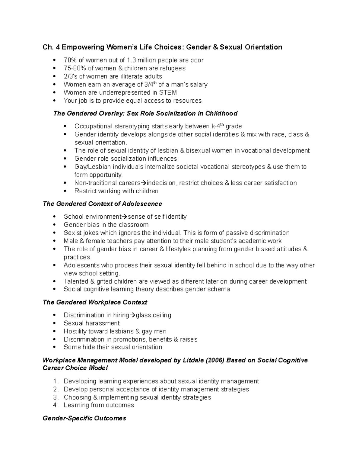 Book Notes Ch 4 - Ch. 4 Empowering Women’s Life Choices: Gender ...