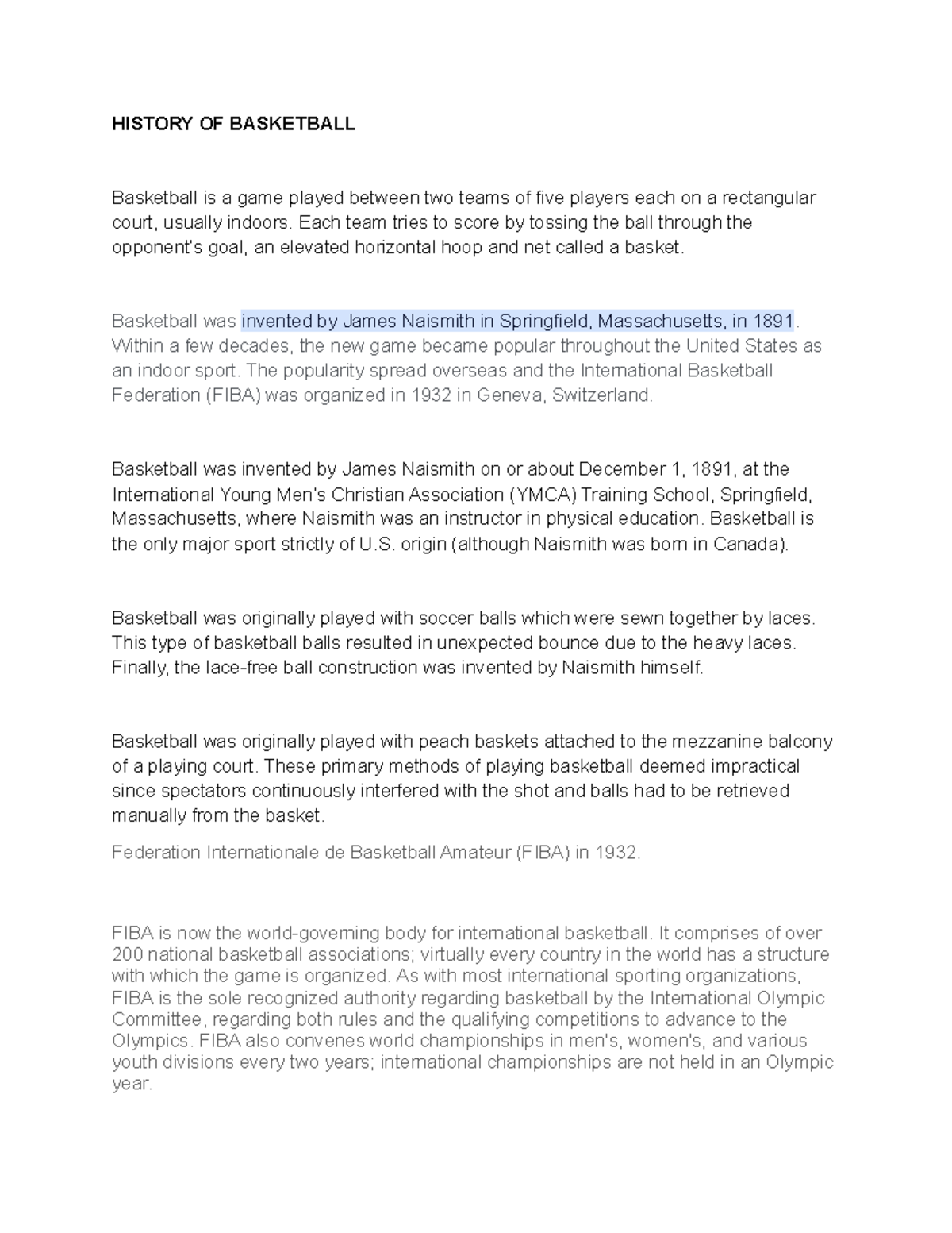 History OF Basketball G1 - HISTORY OF BASKETBALL Basketball is a game ...