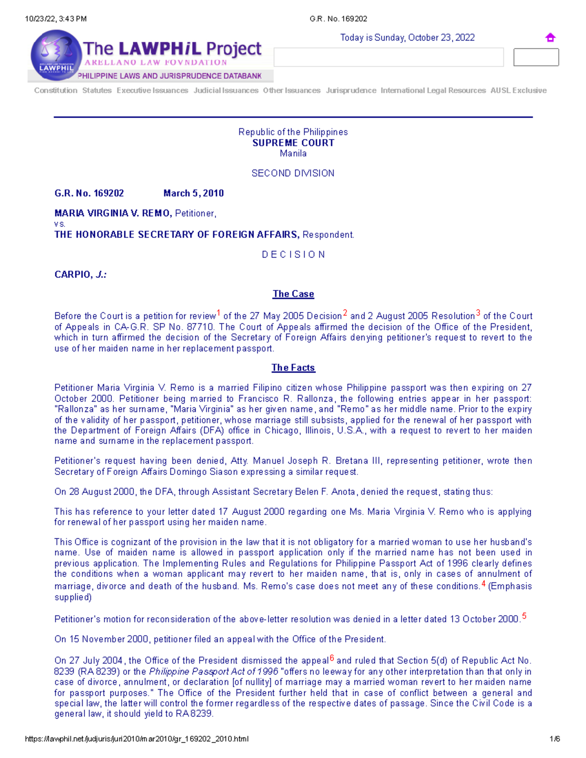 G.R. No. 169202 Maria Virginia Remo v. The Honorable Secretary of ...