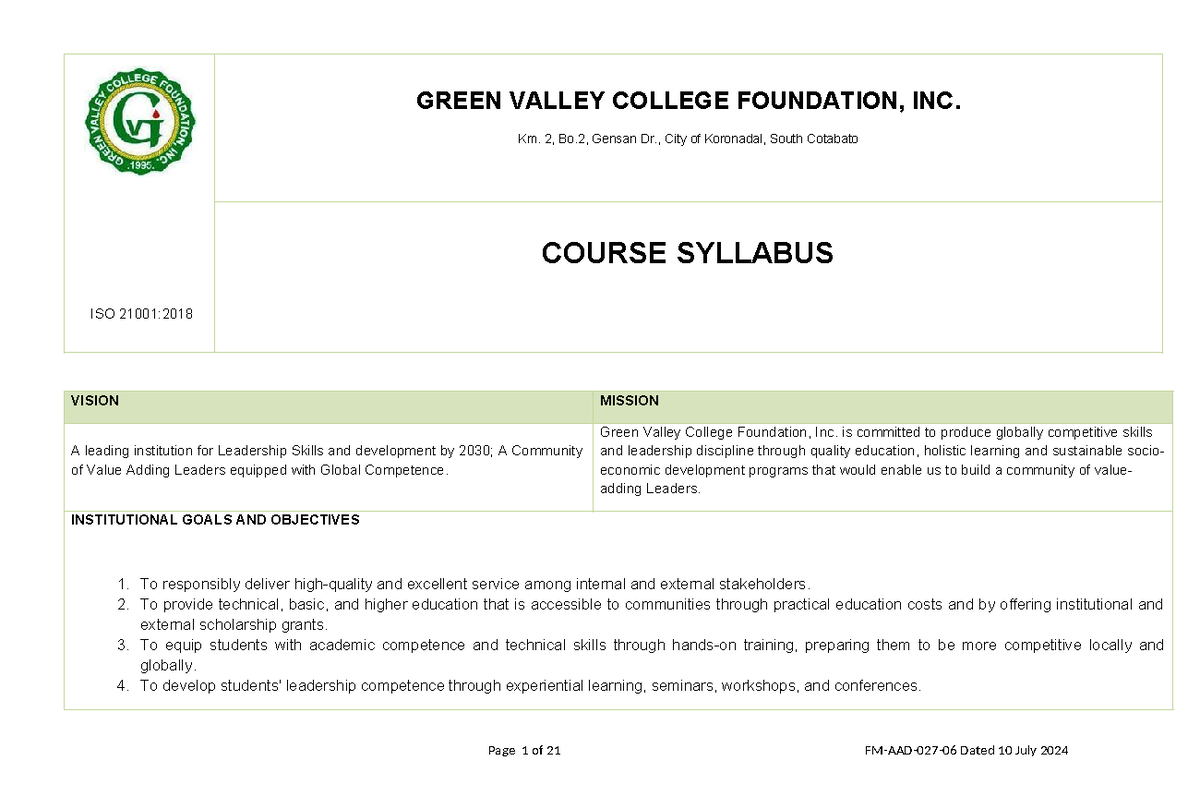 ENG 111 Syllabus 1ST SEM 2024-2025 - ISO 21001: Km. 2, Bo, Gensan Dr., City of Koronadal, South ...
