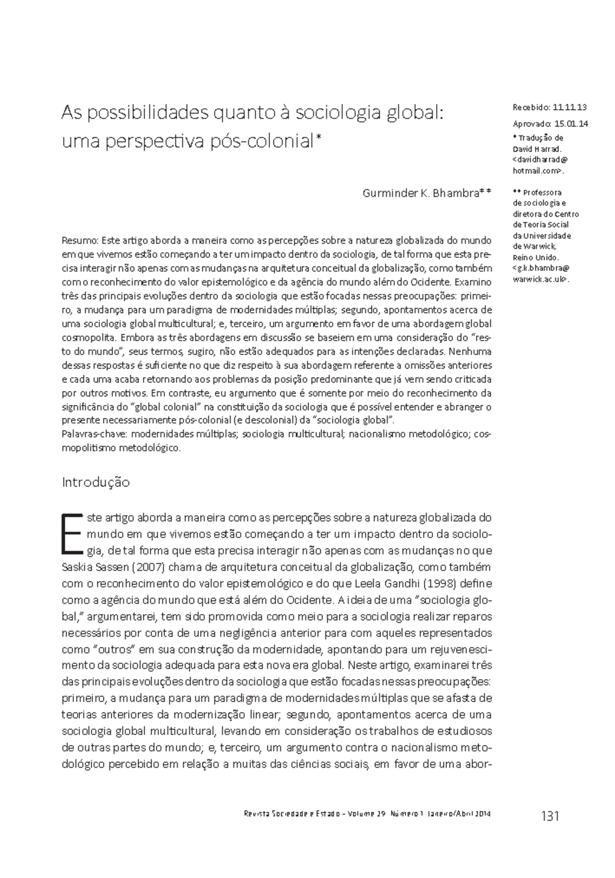 Bhambra - As possibilidades quanto à sociologia global: uma perspec琀椀va ...