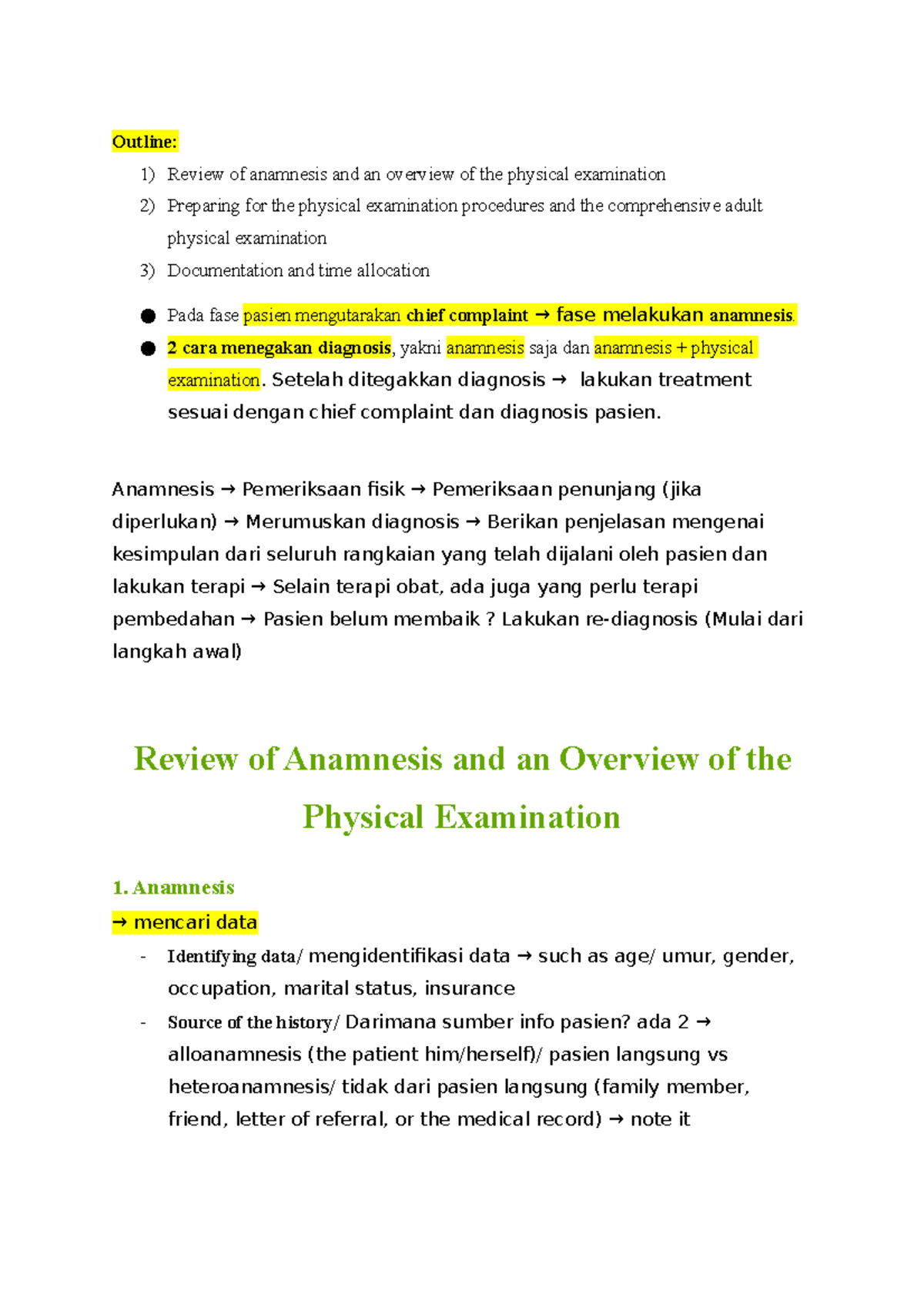 Basic Physical Examination - Outline: 1) Review of anamnesis and an ...