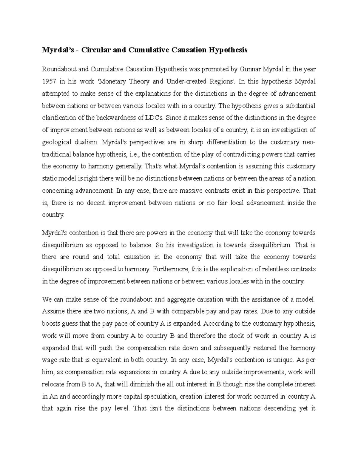 Myrdal’s - Circular and Cumulative Causation Hypothesis - Myrdal’s ...