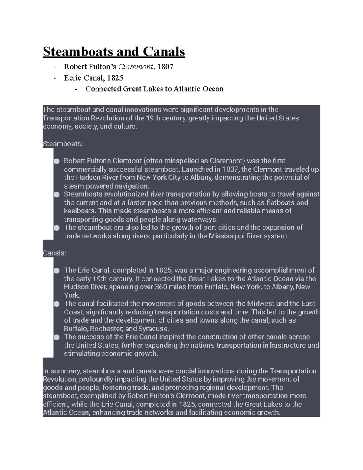 Steamboats and Canals lecture notes - Steamboats and Canals Robert ...