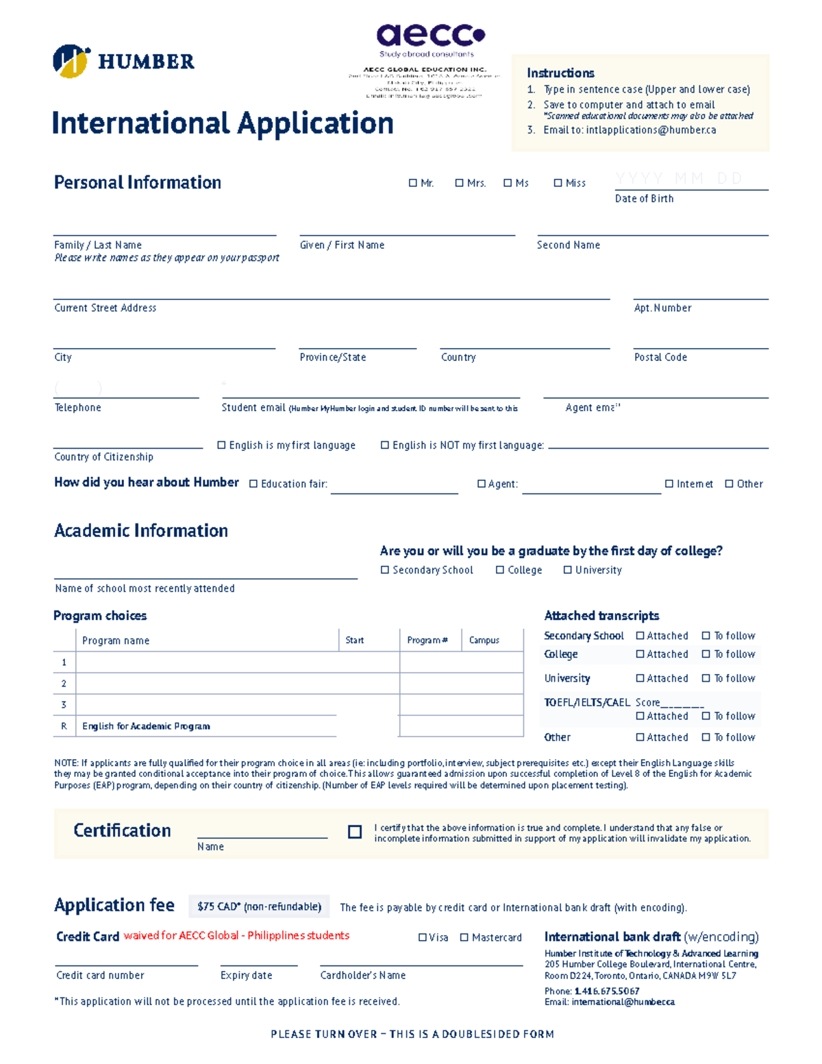Humber-College-App-Form 1 - Instructions 1. Type in sentence case ...