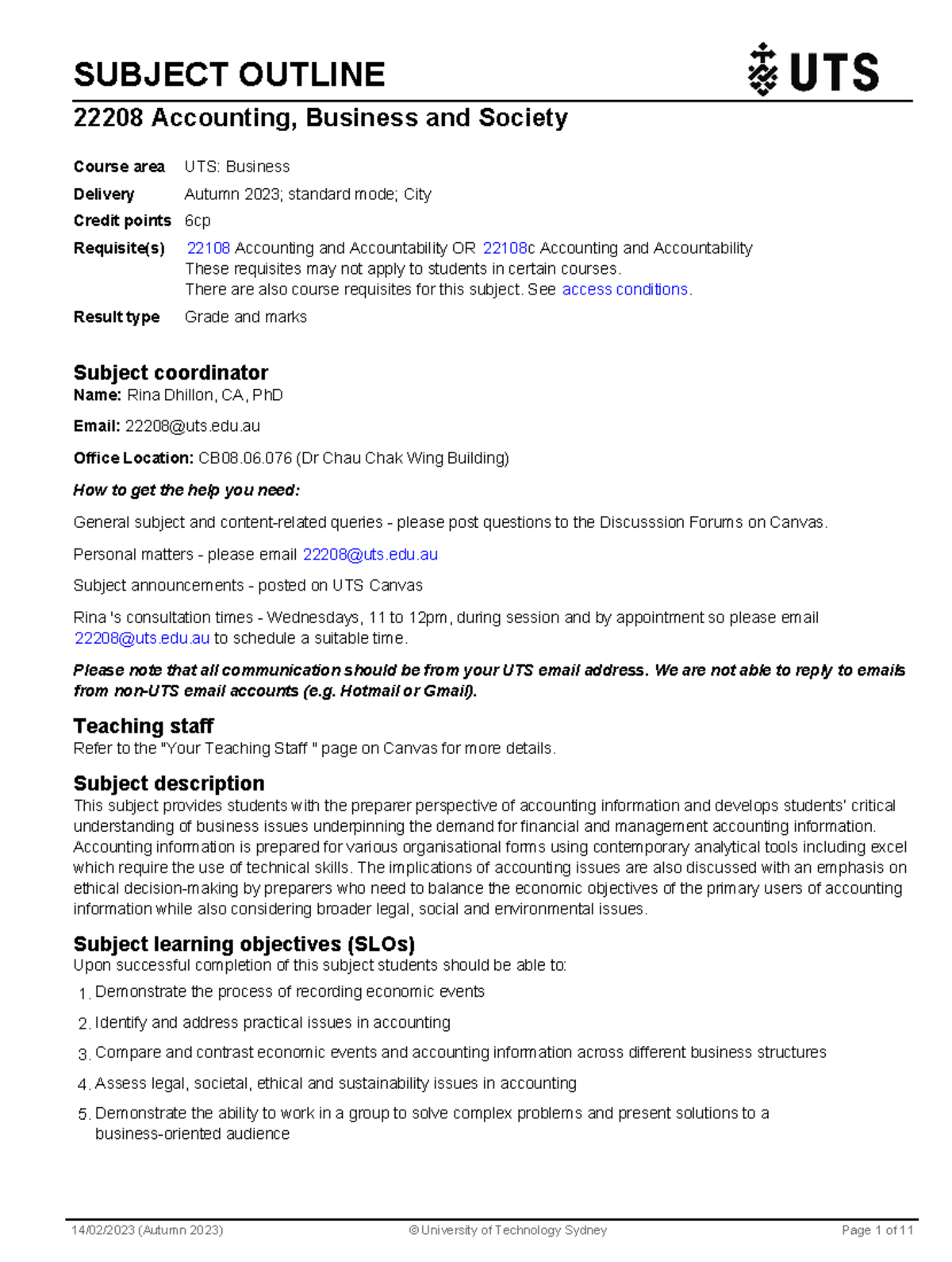 Accounting outline - SUBJECT OUTLINE 22208 Accounting, Business and ...