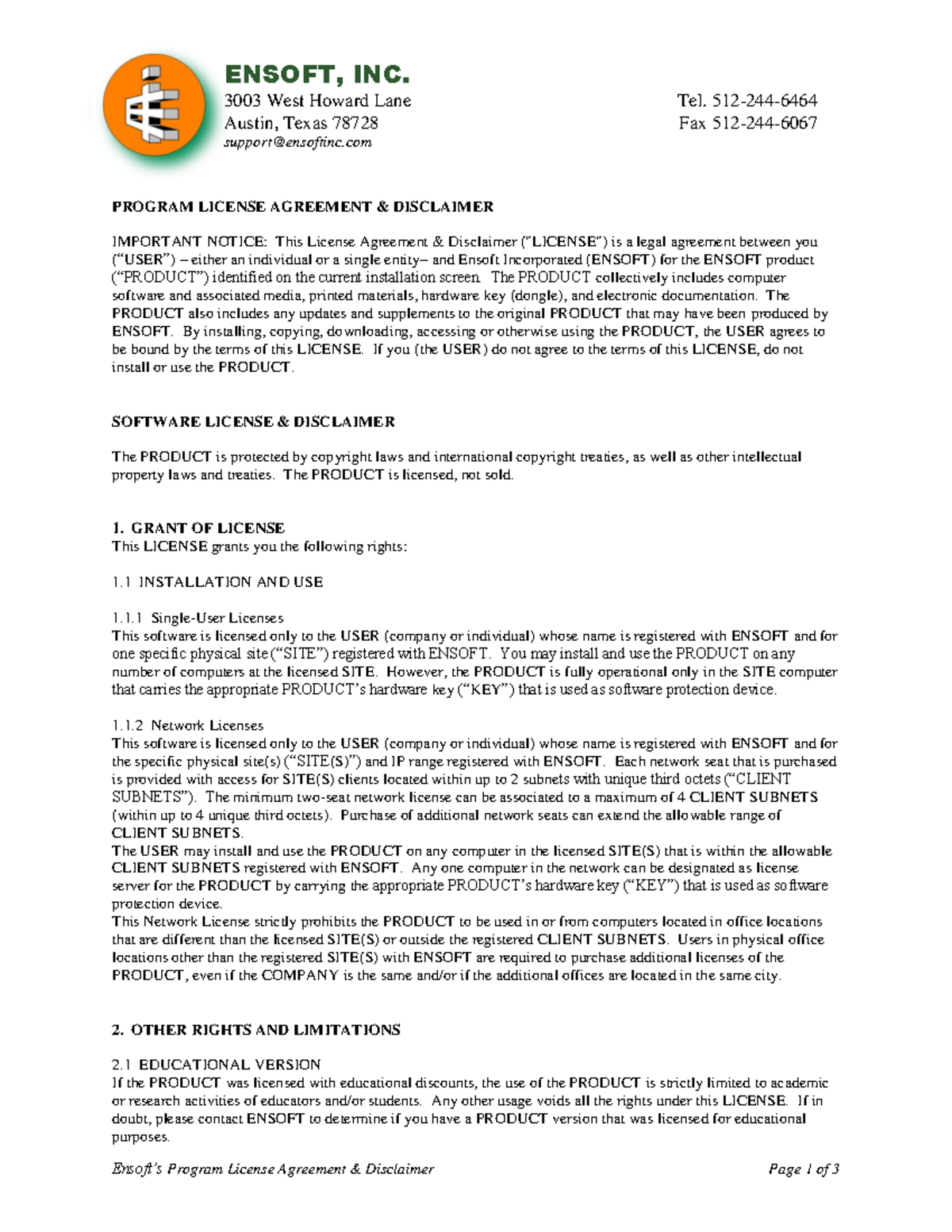 Ensoft License and Disclaimer - ENSOFT, INC. 3003 West Howard Lane Tel ...