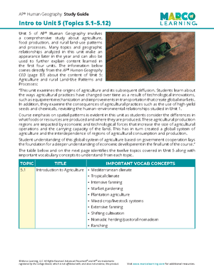 APHUG Unit 5 Study Guide - UNIT FIVE: AGRICULTURE & RURAL LAND-USE ...