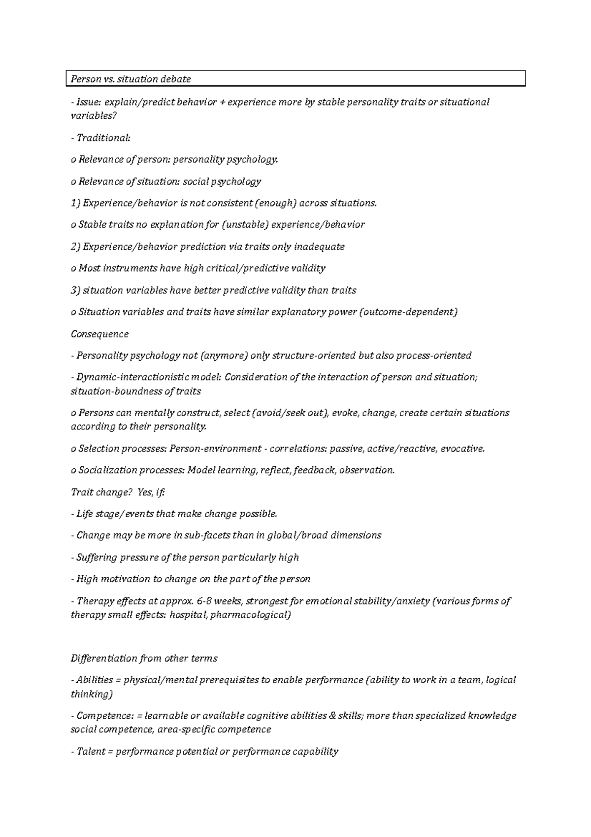 Person vs - Lecture notes 2 - Person vs. situation debate Issue ...