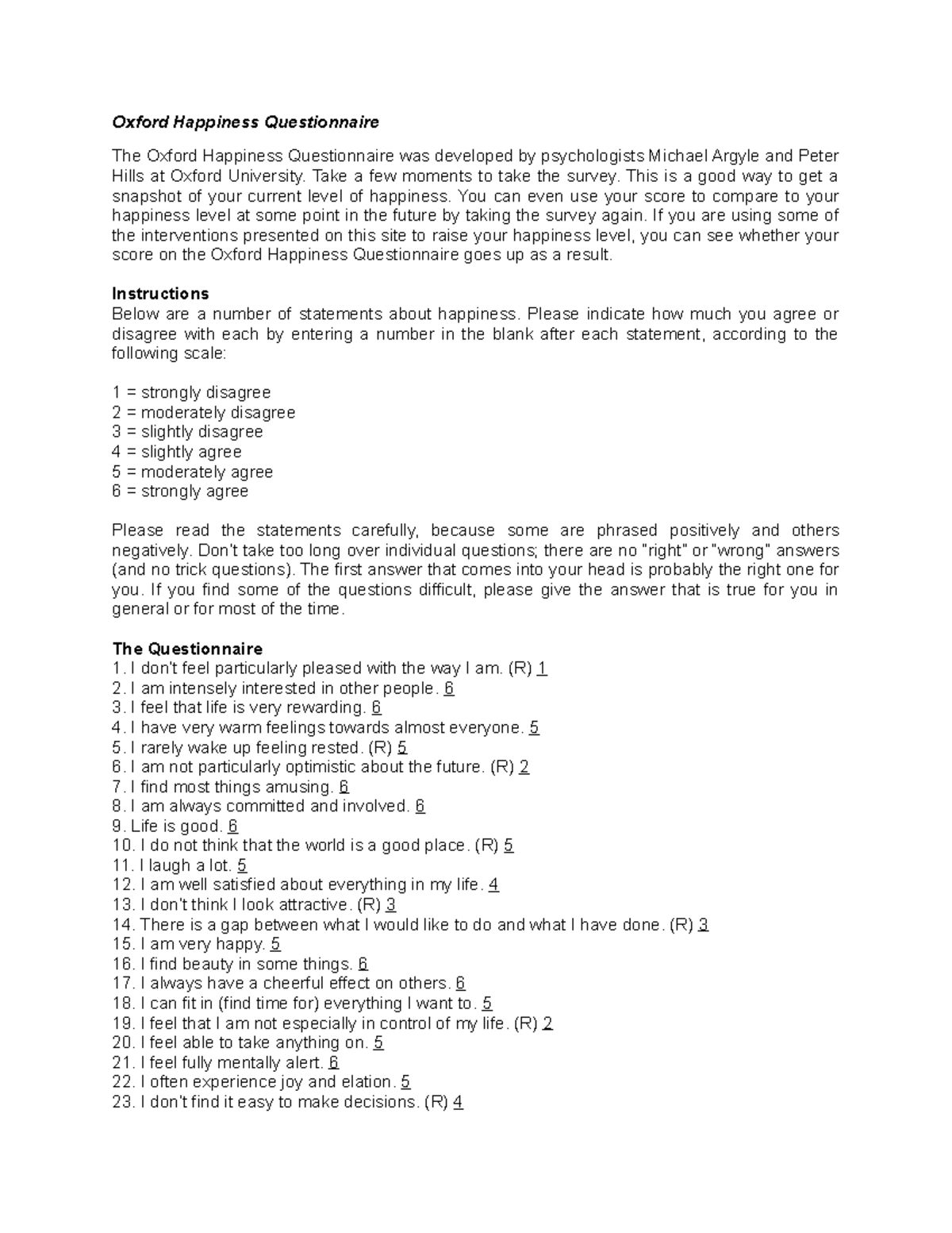 Oxford Happiness Questionnaire - Take a few moments to take the survey ...