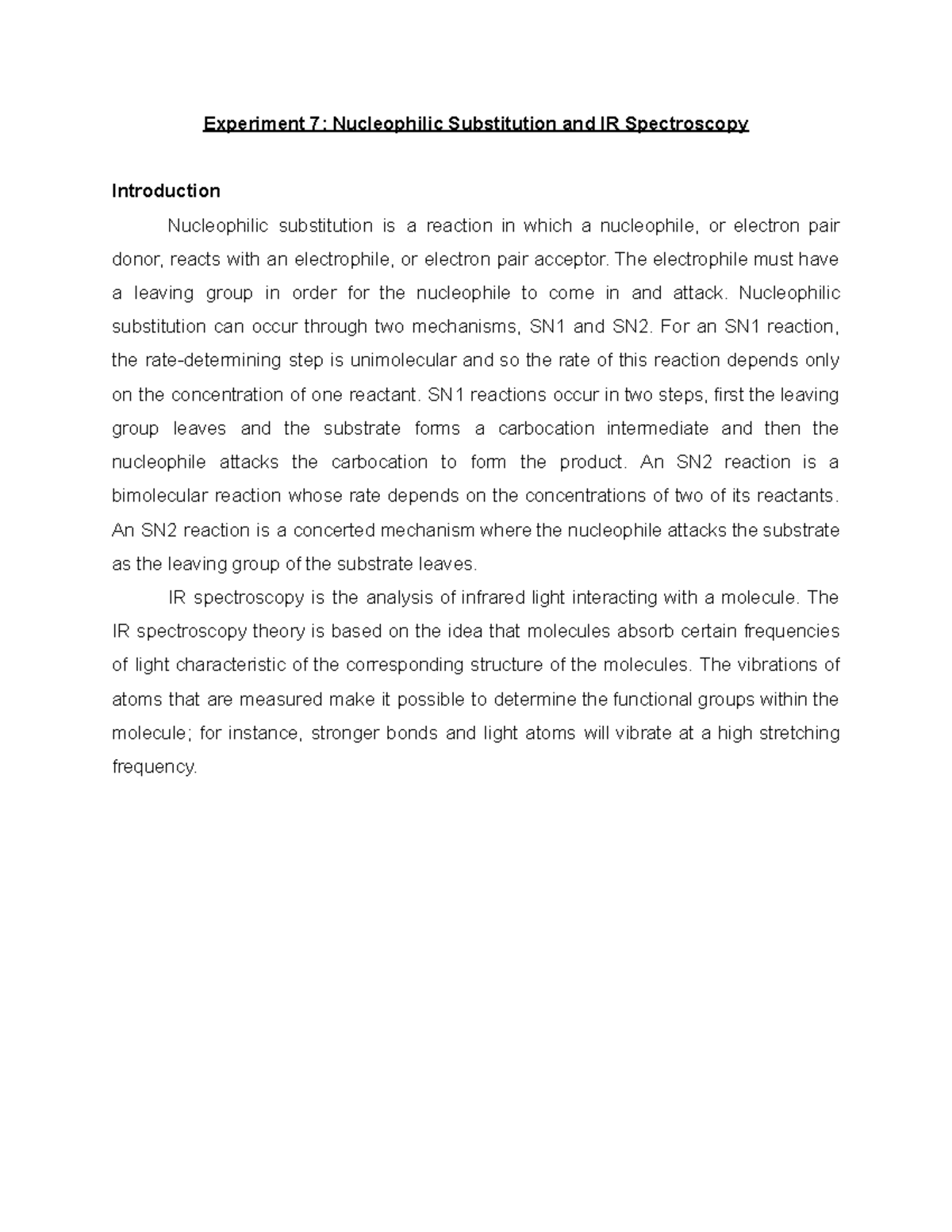 Copy of Orgo 1 Lab Report 7 - Experiment 7: Nucleophilic Substitution and IR Spectroscopy - Studocu