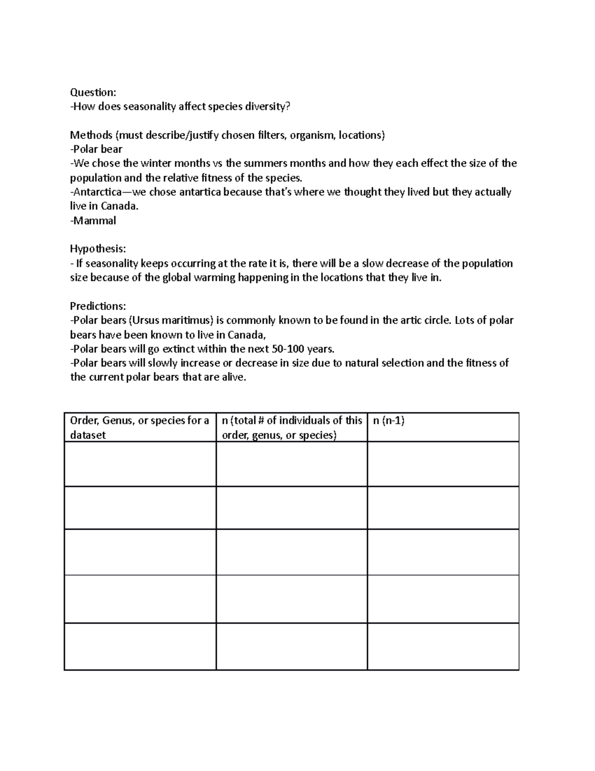 Bio lab investigation polar bears - Question: -How does seasonality ...