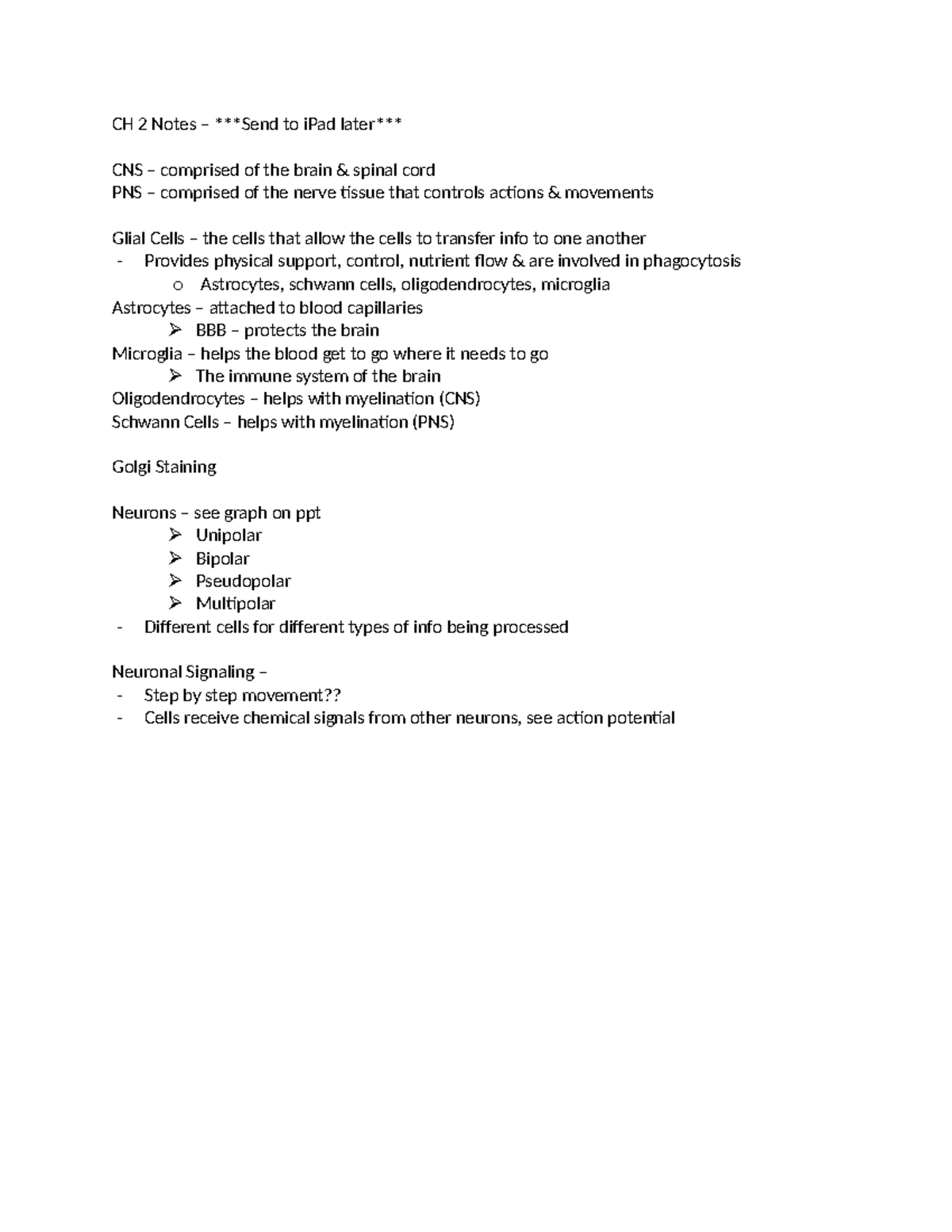 CH 2 Notes - ch 2 - CH 2 Notes – Send to iPad later CNS – comprised of ...