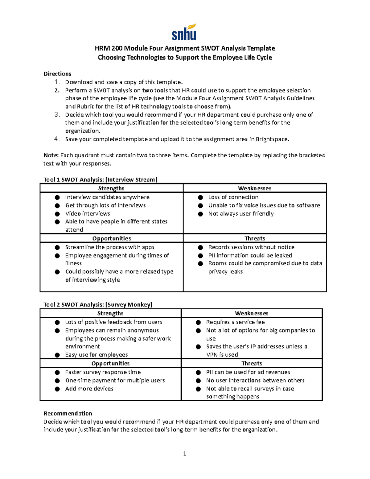 HRM 200 Module Four Assignment SWOT Analysis - Download and save a copy ...