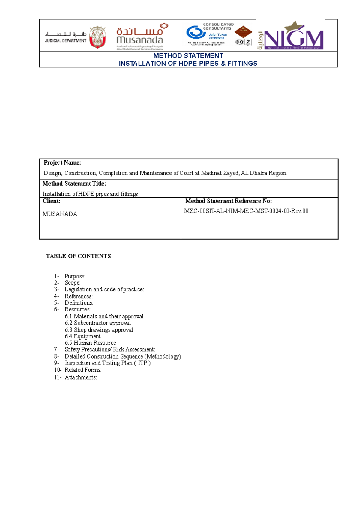 Pdfcoffee.com method-statement-for-hdpe-pipe-work-pdf-free - INSTALLATION OF HDPE PIPES & - Studocu