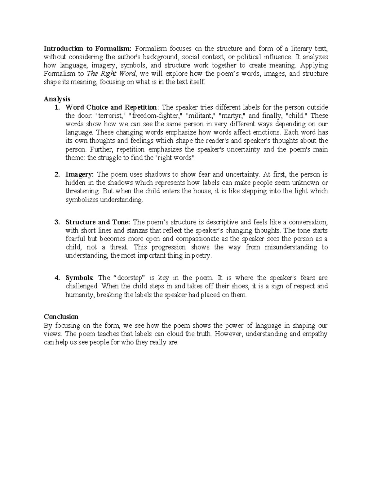 Formalism on the Right Word - Introduction to Formalism: Formalism focuses on the structure and ...