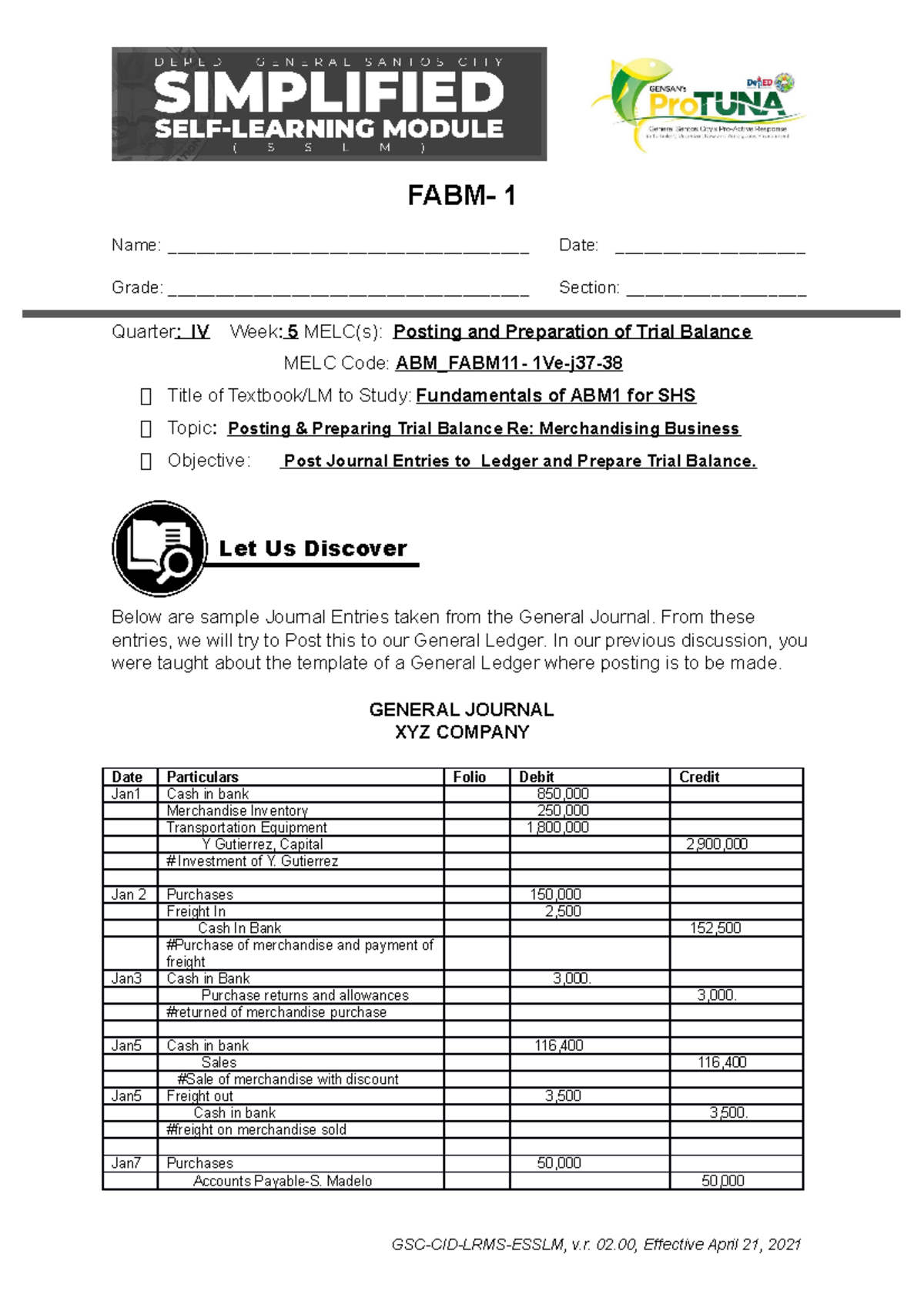 SSLM FABM1 Posting AND Preparation OF Trial Balance - FABM- 1 Name ...