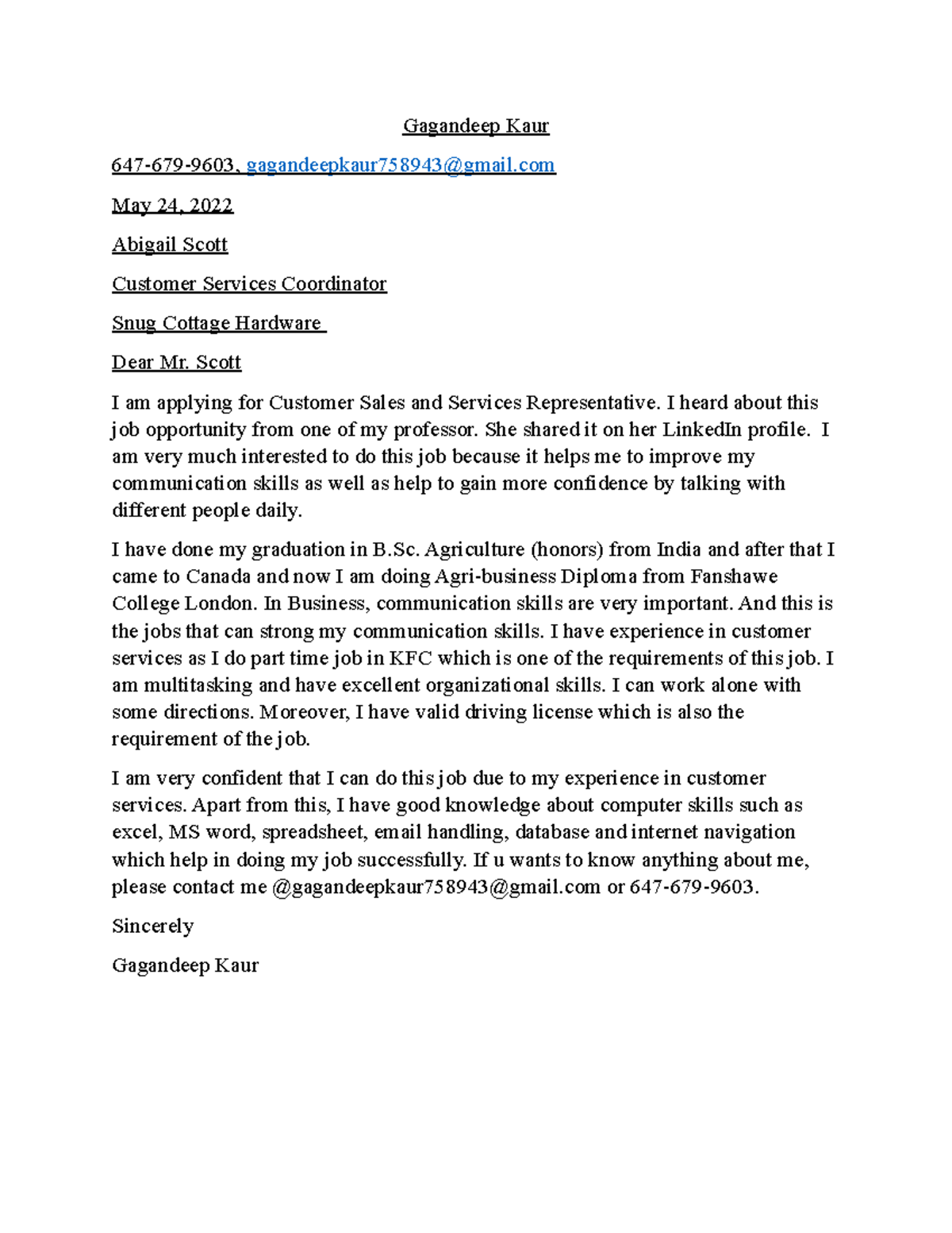 Cover letter For CSR - Gagandeep Kaur 647-679-9603, gagandeepkaur758943 ...