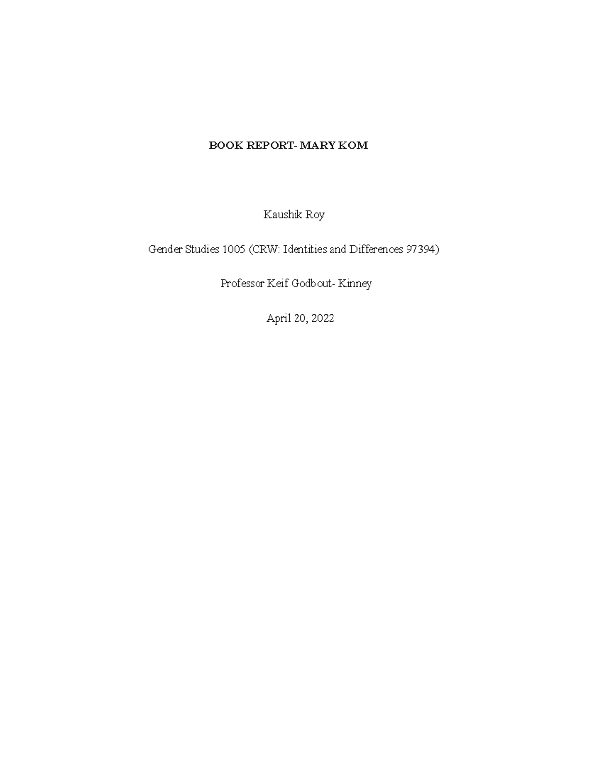 BOOK Report BOOK REPORT MARY KOM Kaushik Roy Gender Studies 1005 book-report-book-report-mary-kom-kaushik-roy-gender-studies-1005