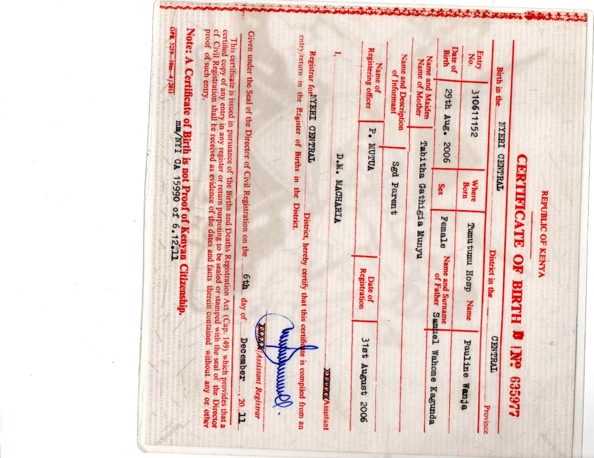 Birth - general studies - REPUBLIC OF KENYA CERTIFICATE OF BIRTH B IN ...