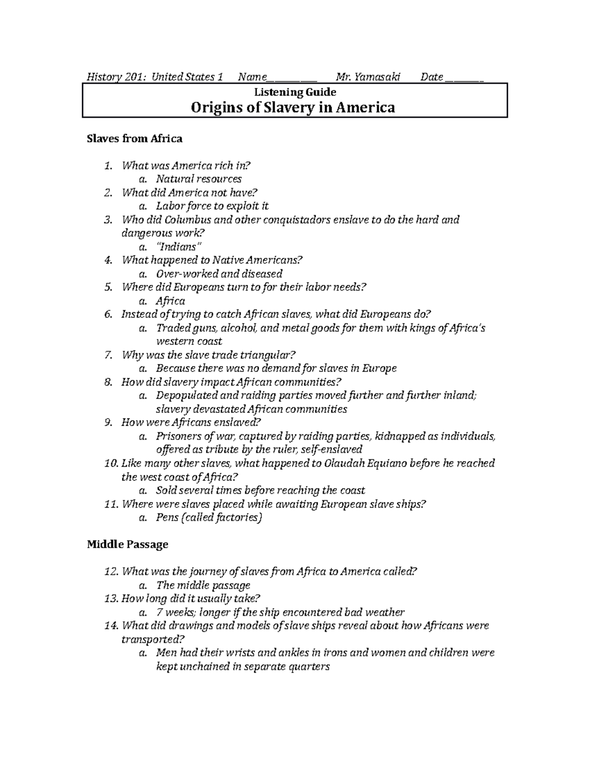 Slavery (listening guide) - History 201: United States 1 Name ...