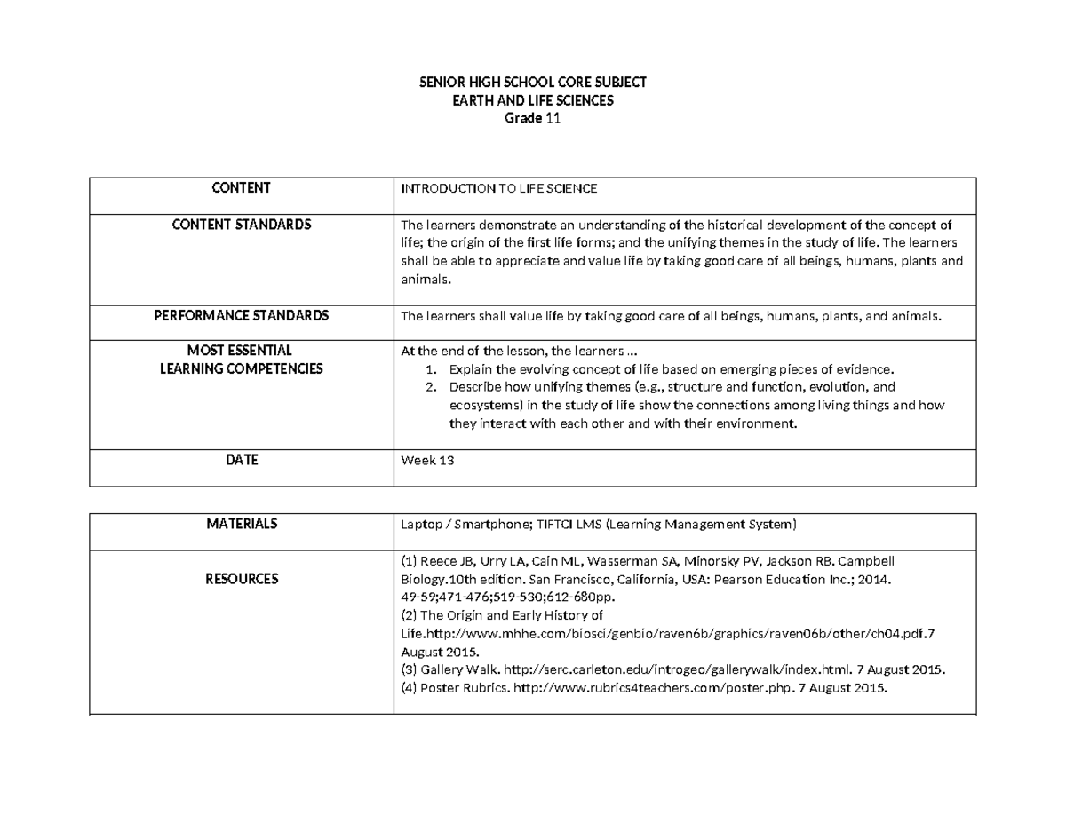 521153192 Detailed Lesson PLAN Earth and Life Sciences Grade 11 Week 13 ...