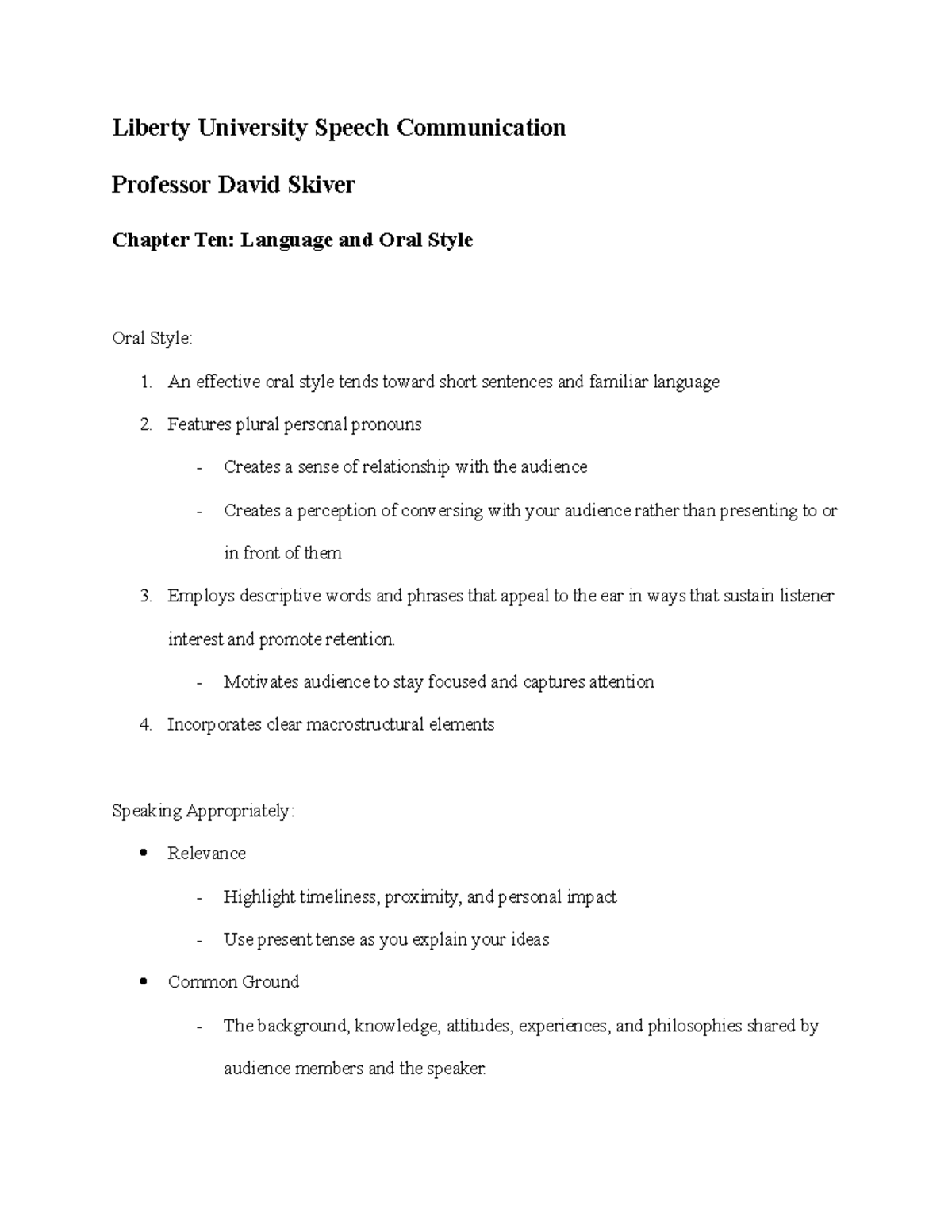 Speech Communication Chapter Ten Notes - Liberty University Speech ...