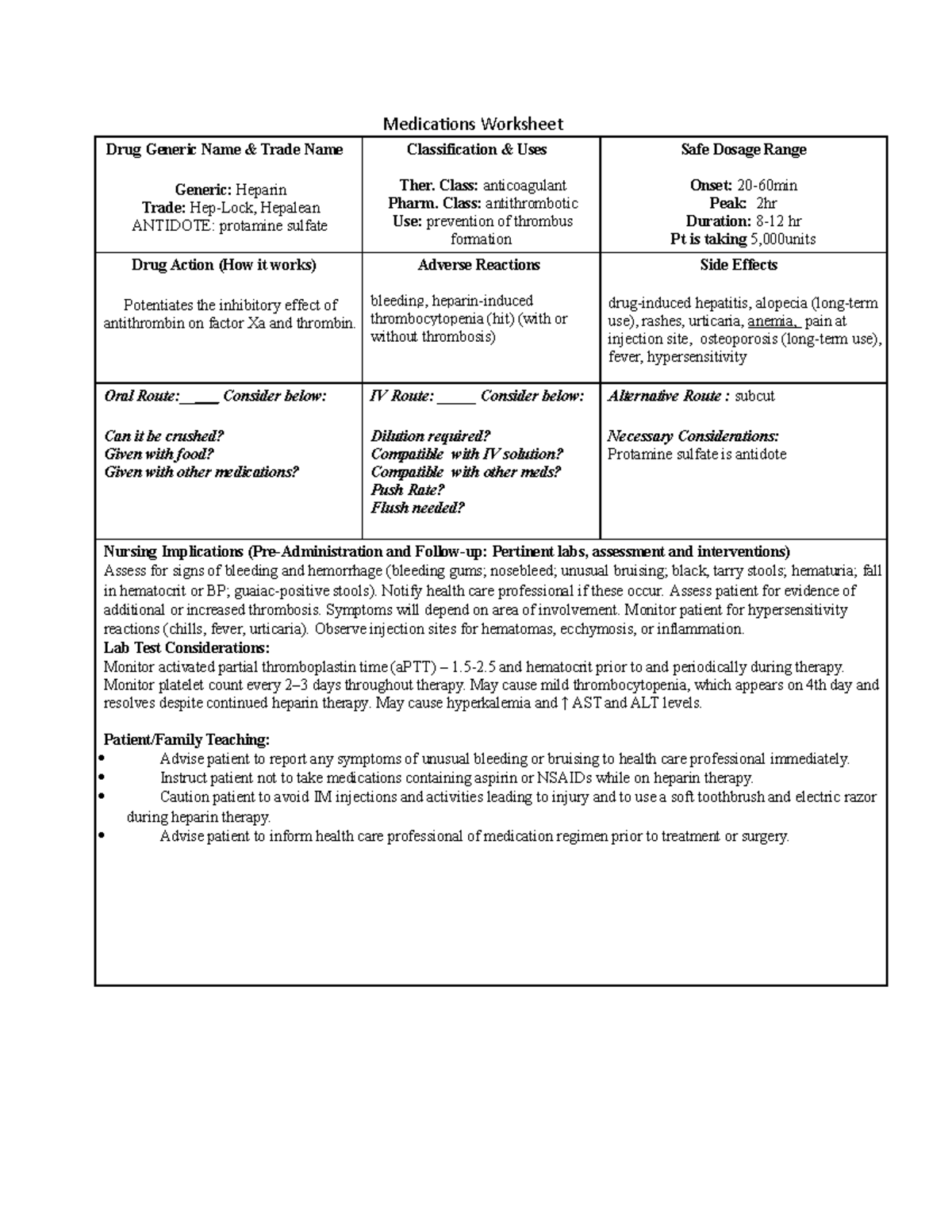 Heparin - Medications Worksheet Drug Generic Name & Trade Name Generic ...